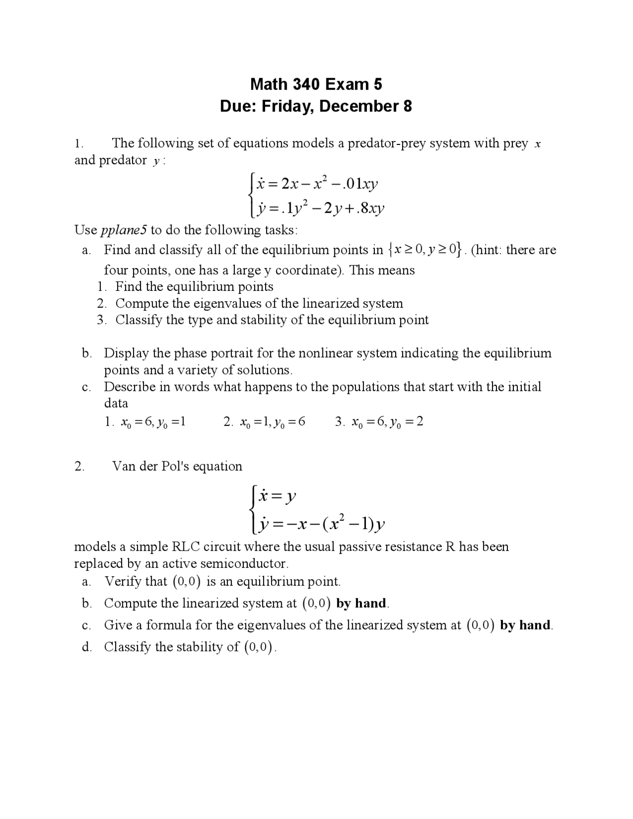 Math 340 Exam 5: Equilibrium Points and Stability Analysis in Dynamic Systems | Exams ...