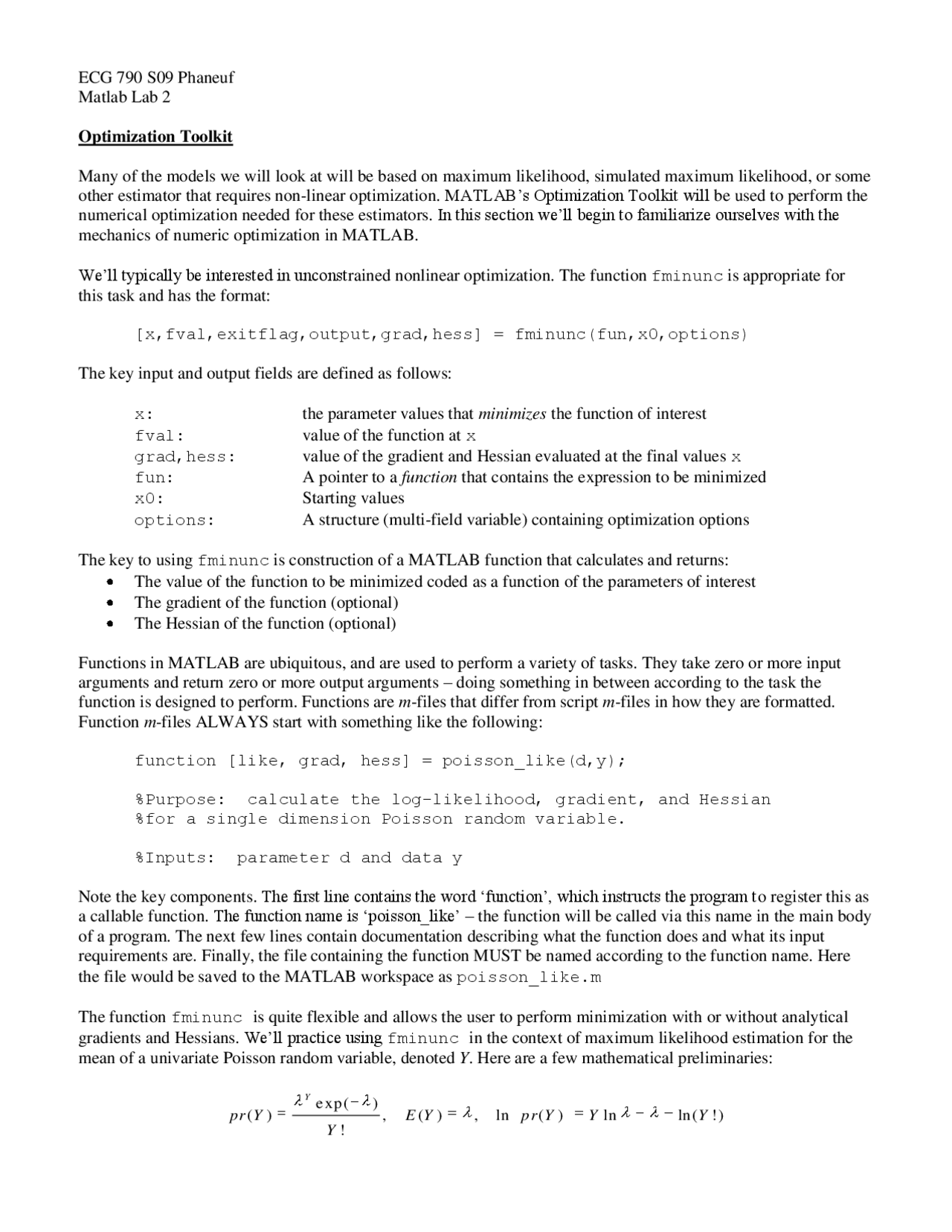 Matlab Lab Ii Optimization Toolkit Ecg 790c Docsity