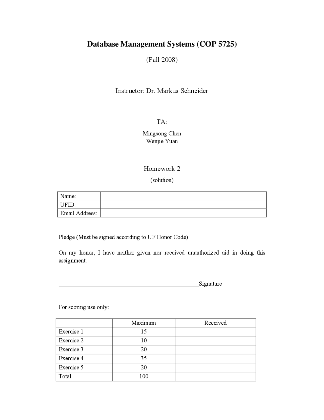 5 Exercises On Database Management Systems With Solution Cop 5725