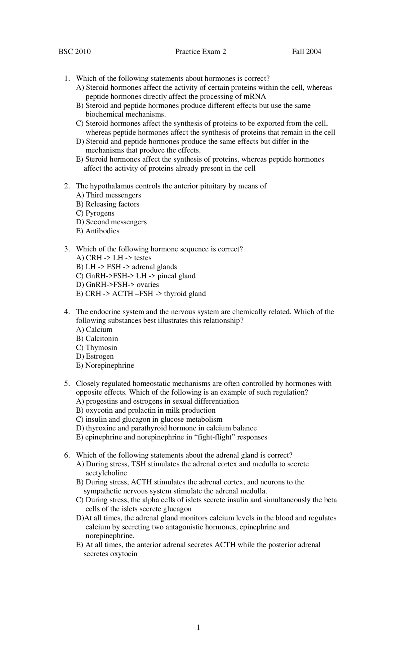 Practice Exam 2 Integrated Principles Of Biology I Fall 2004 Bsc