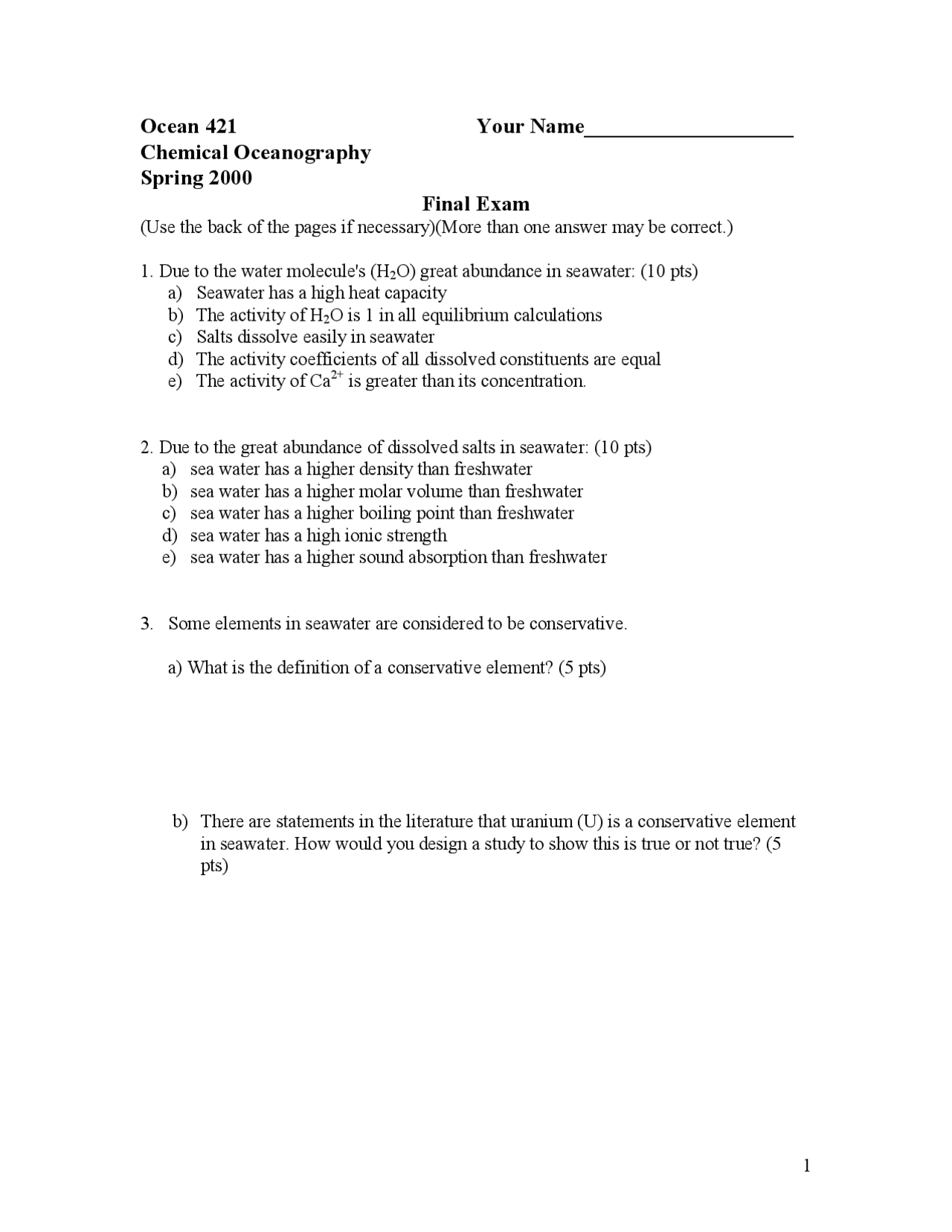 20 Questions In Final Exam On Chemical Oceanography Ocean 421 Docsity