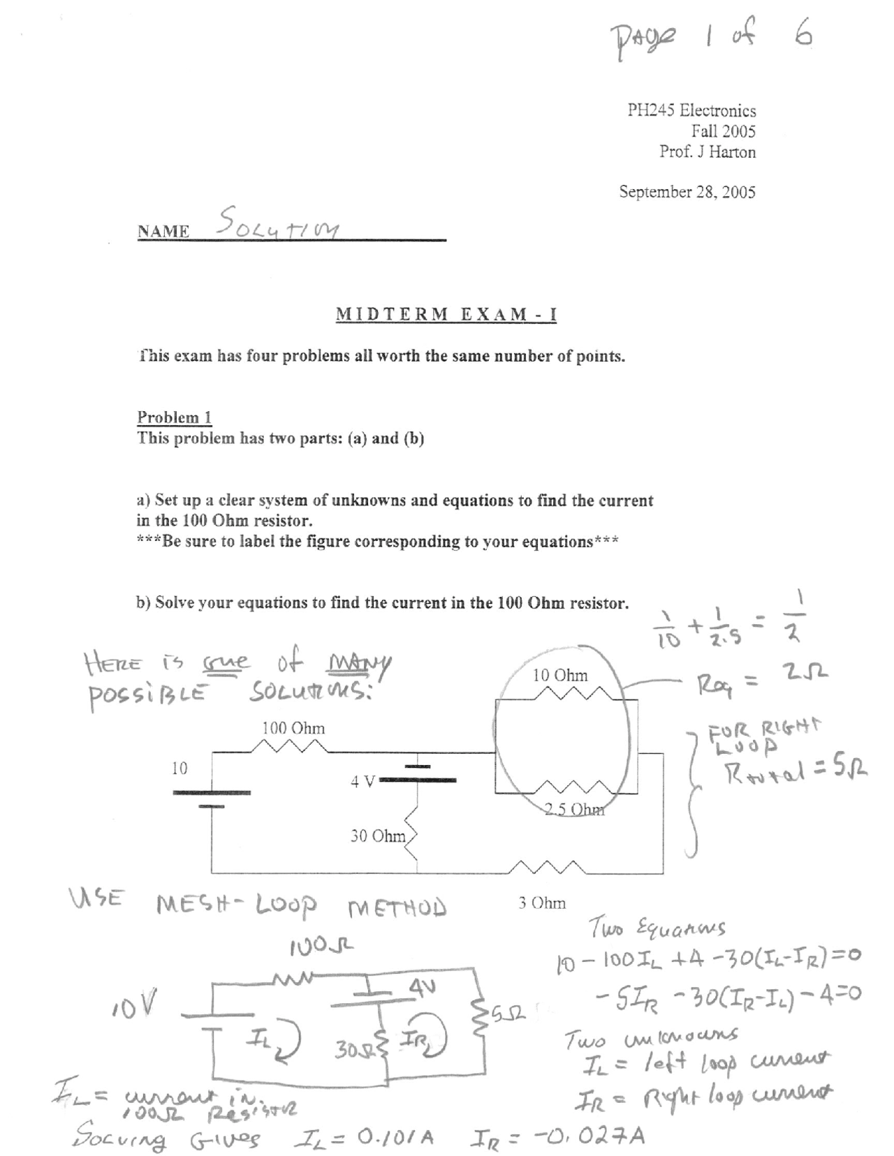 Midterm Exam 1 With Solution On Introduction To Electronics Ph 245