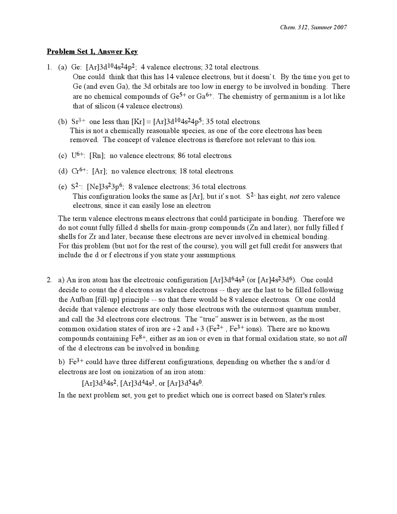 Problem Set 1 Study Questions - Inorganic Chemistry | CHEM 312 - Docsity