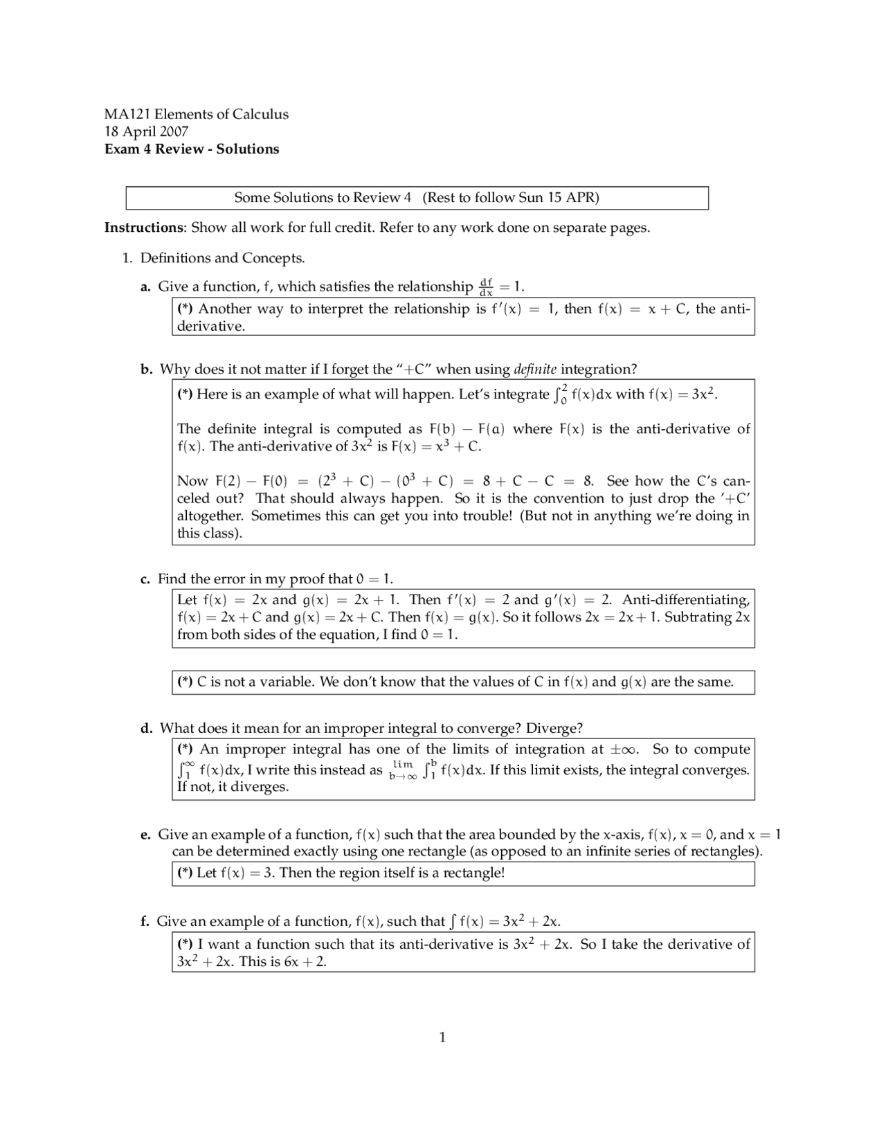 Exam 4 Review Solutions Elements Of Calculus Ma 121 Docsity