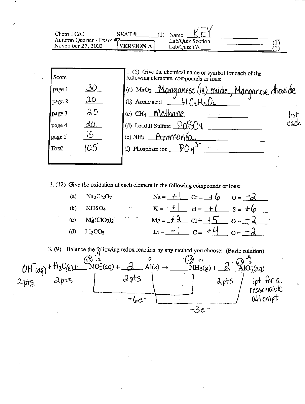 Exam 2 Key - General Chemistry | CHEM 142 - Docsity