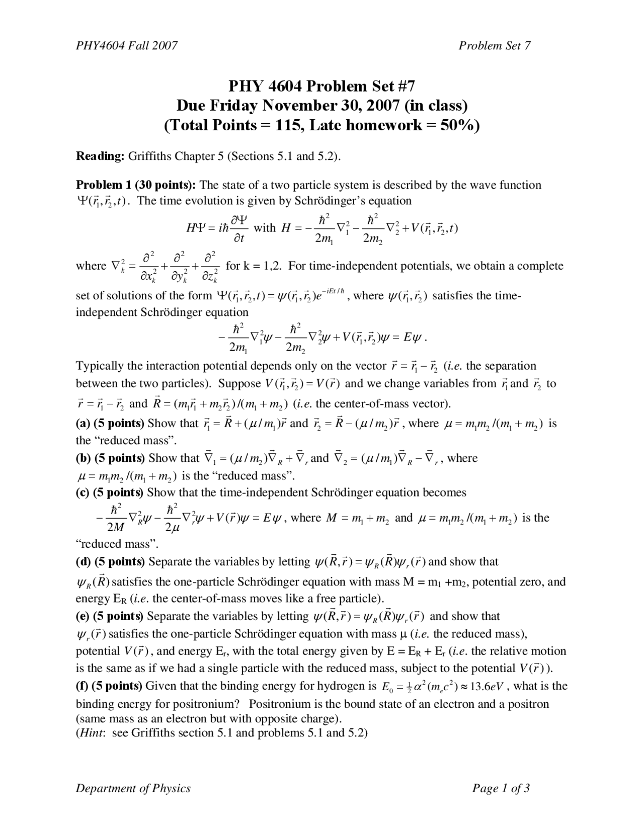 Problem Set 7 - Introductory Quantum Mechanics 1 | PHY 4604 - Docsity