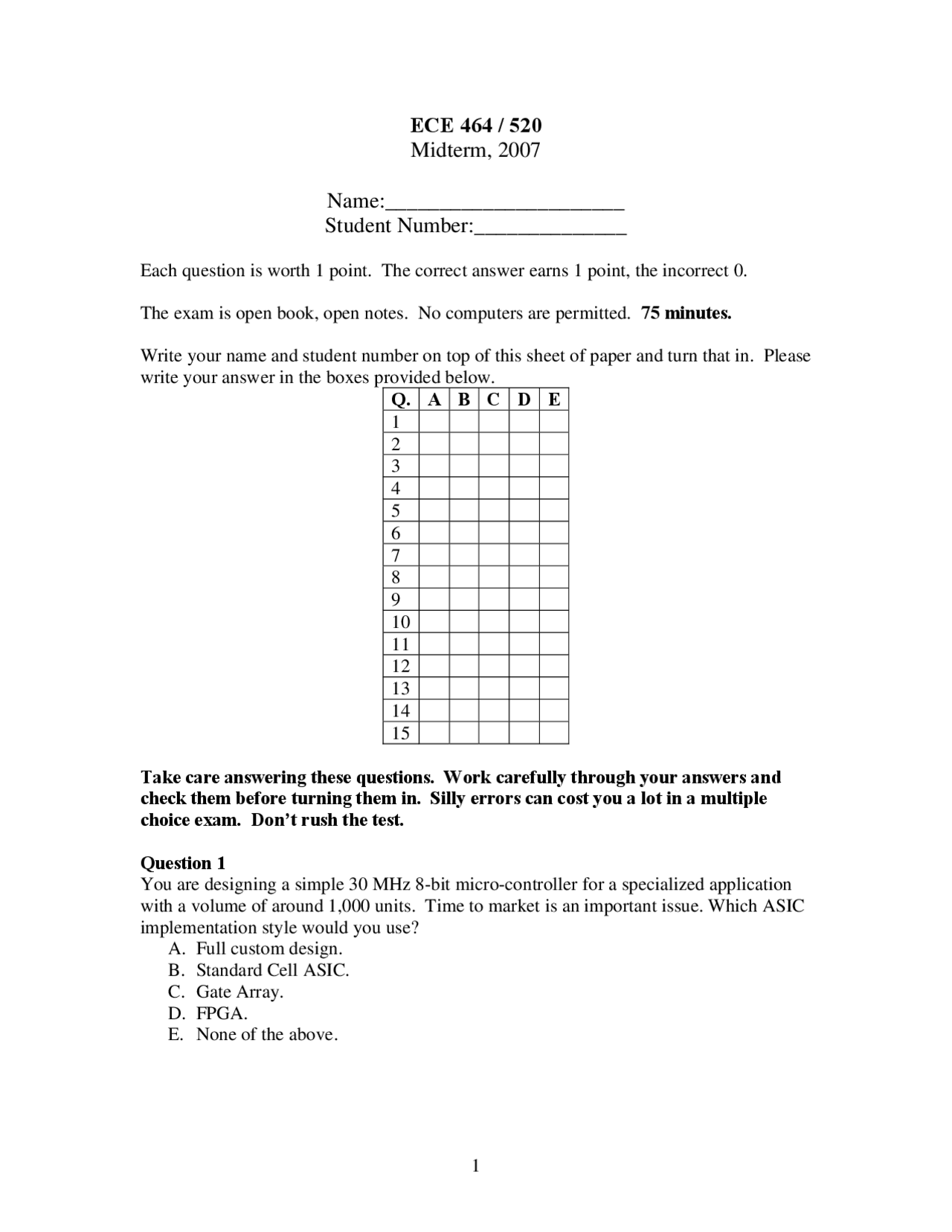 15 Questions For Midterm Exam I Digital Asic Design Ece 464 Exams