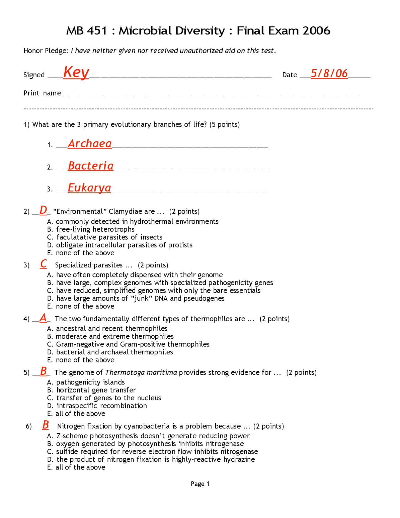 Final Exam 2006 Microbial Diversity Mb 451 Docsity