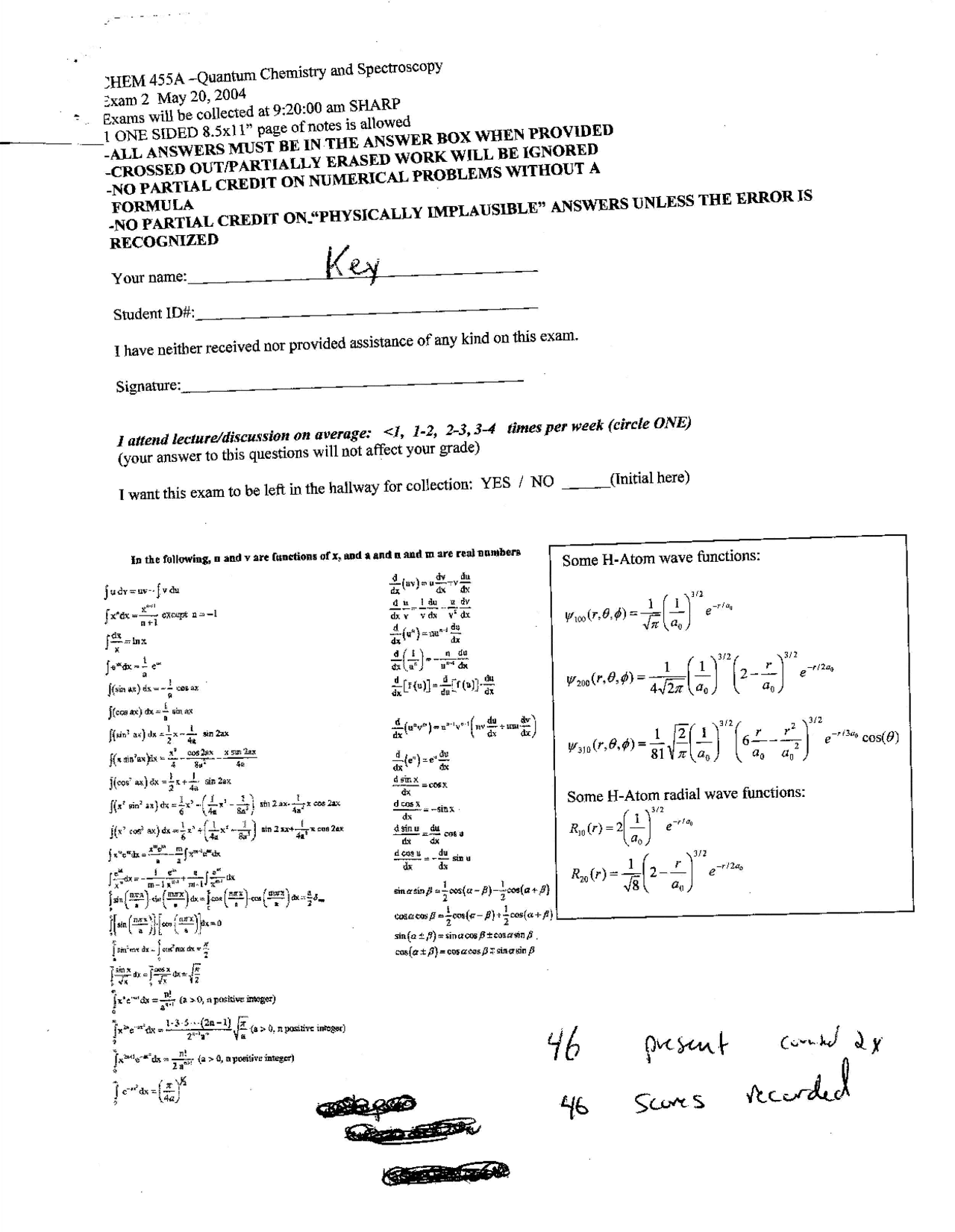 Exam 2 With Answer Key Physical Chemistry Chem 455 Docsity