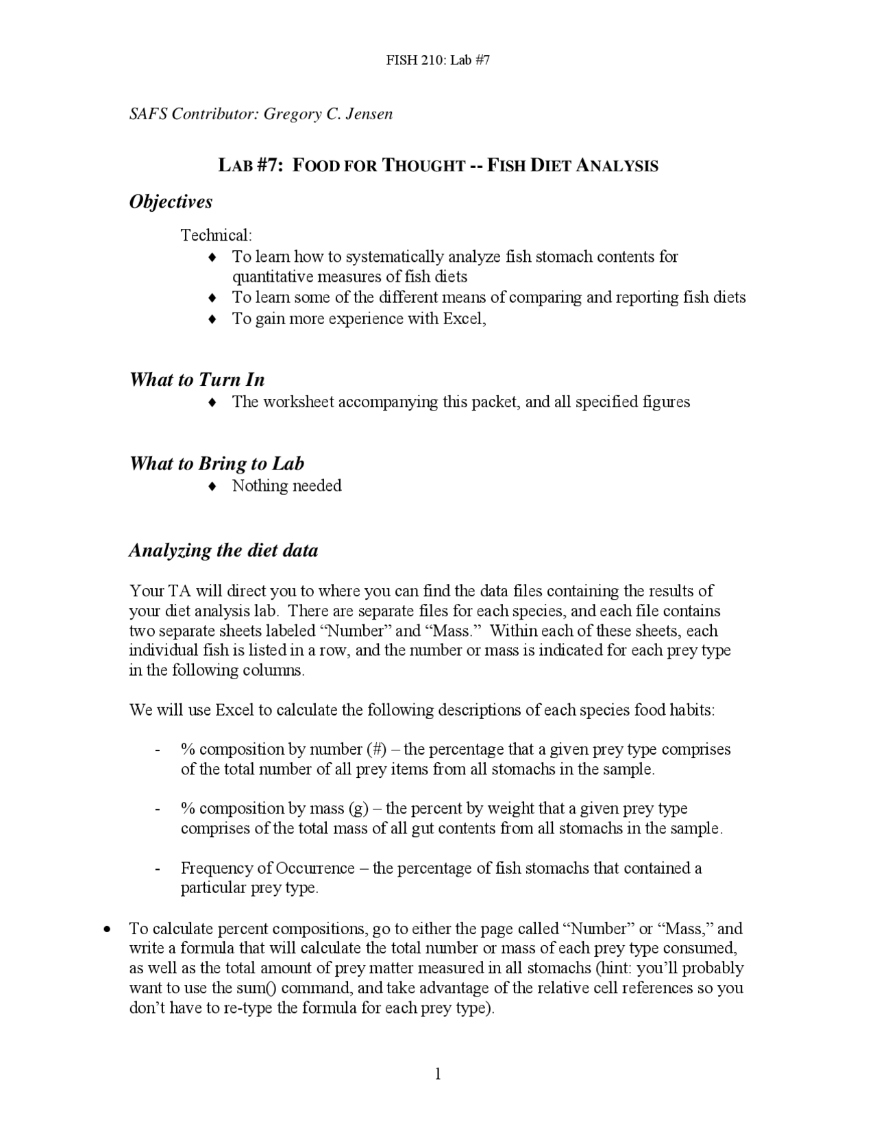 Food for Thought Fish Diet Analysis - Laboratory 7 | FISH 210 - Docsity