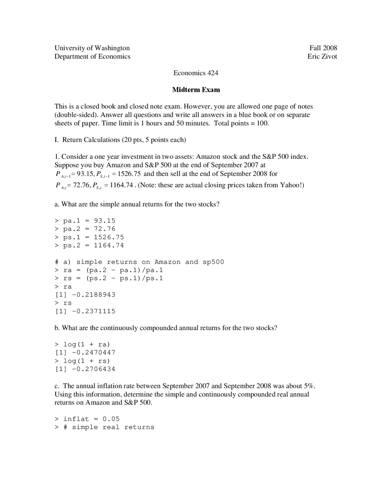 Practice Questions for Midterm Exam - Computational Finance | ECON 424 | Exams Economics | Docsity