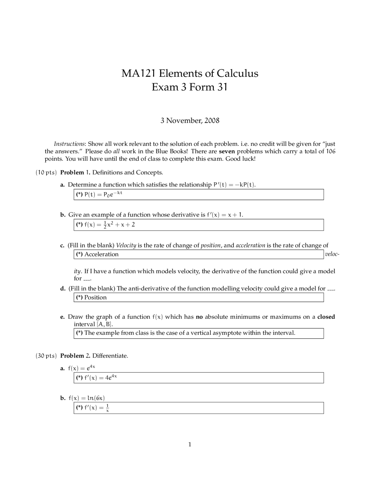 Exam 3 Solution Elements Of Calculus 2008 Ma 121 Docsity