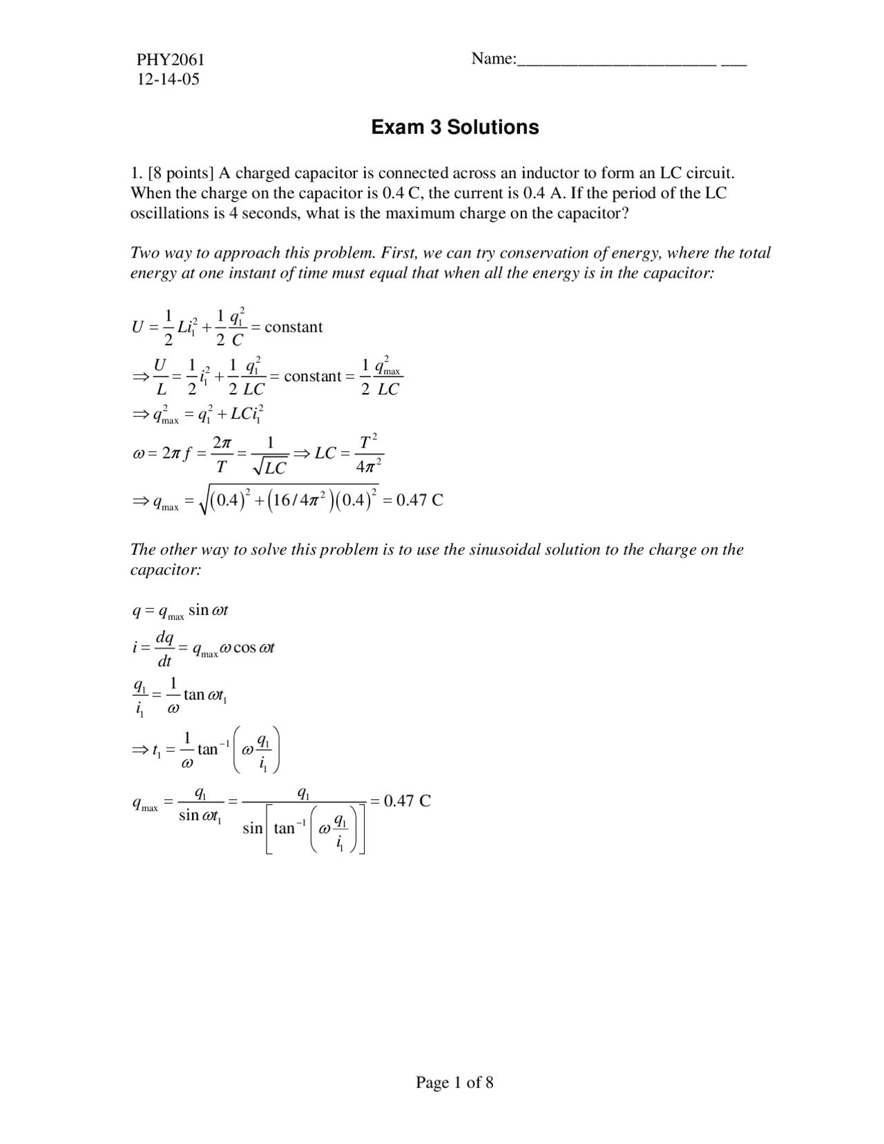Exam 3 Solution Enriched Physics Calculus 2 Phy 2061 Docsity