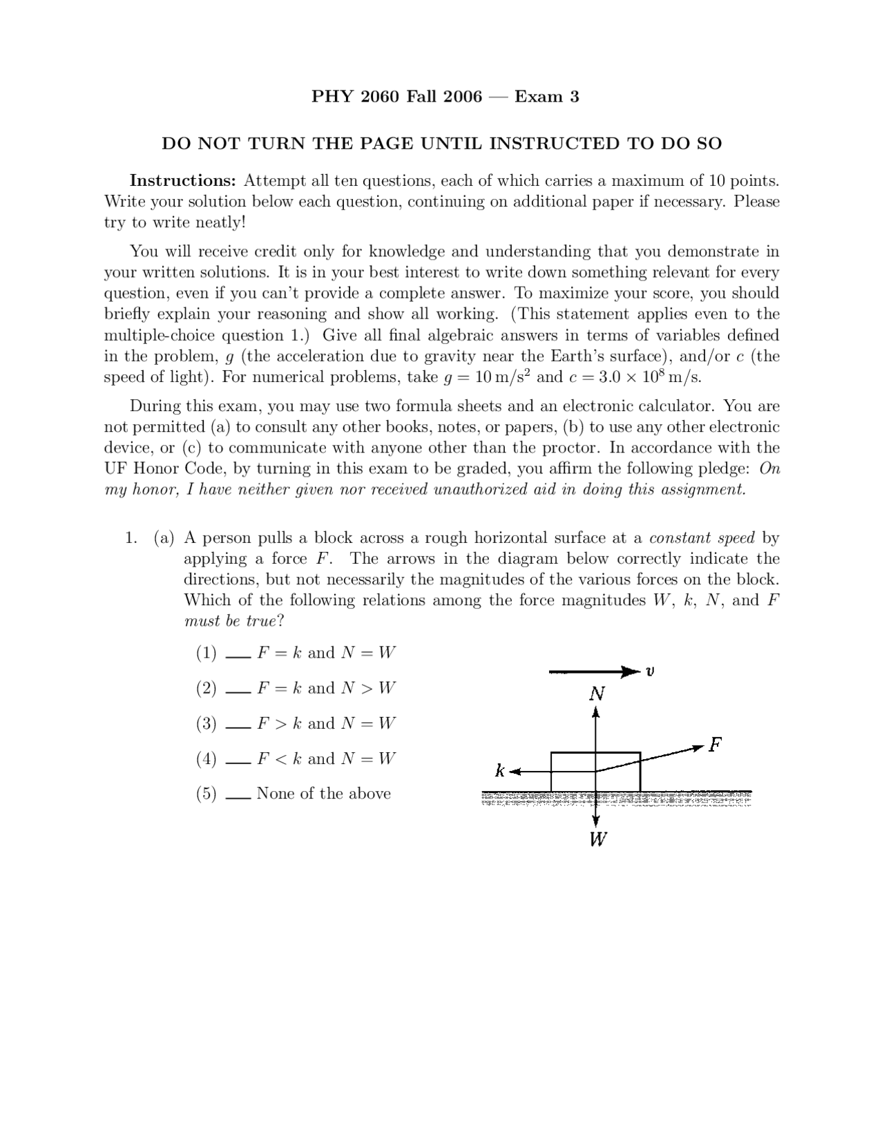 10 Problems On Enriched Physics With Calculus 1 Exam 3 Phy 2060
