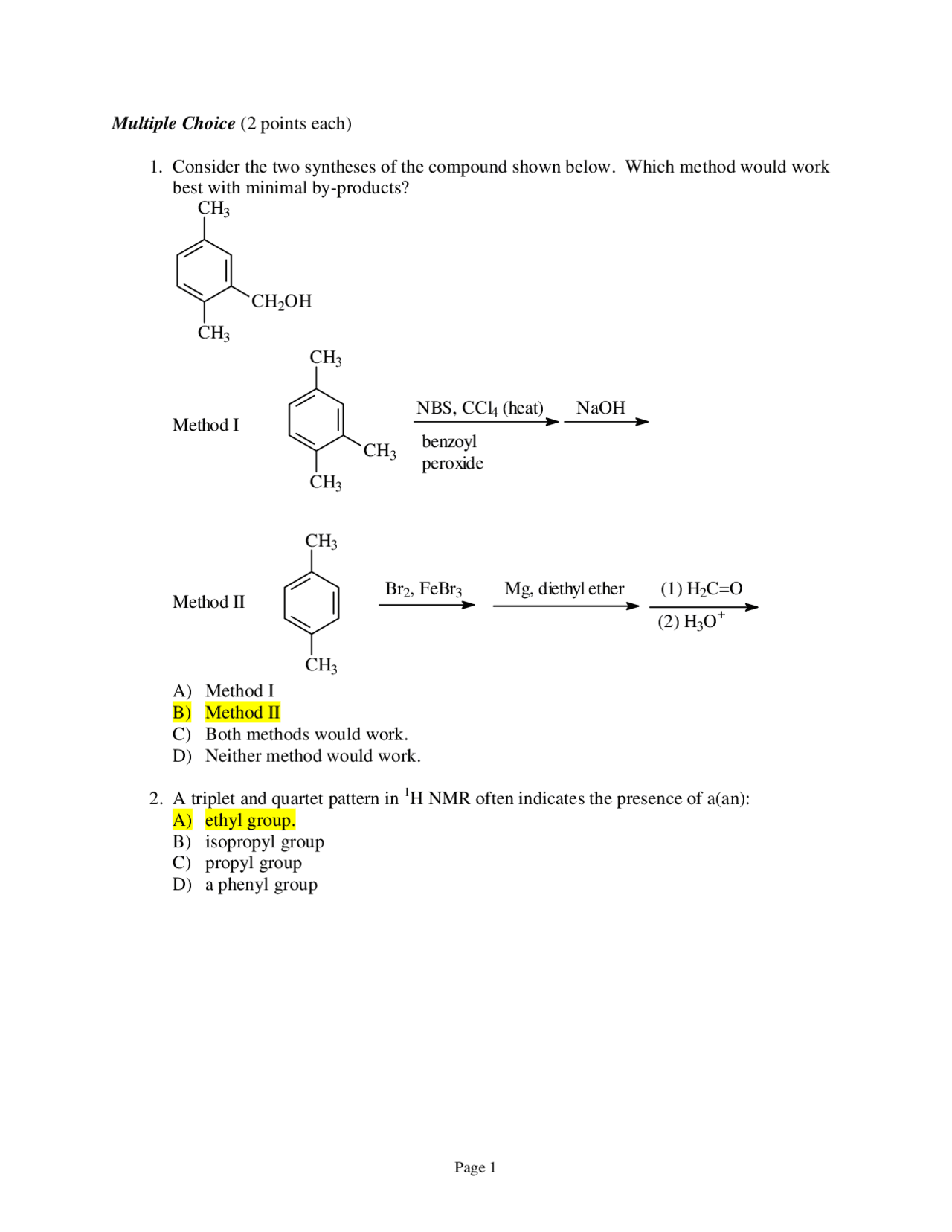Exam 2 Questions With Answer Key Organic Chemistry Chem 238 Docsity