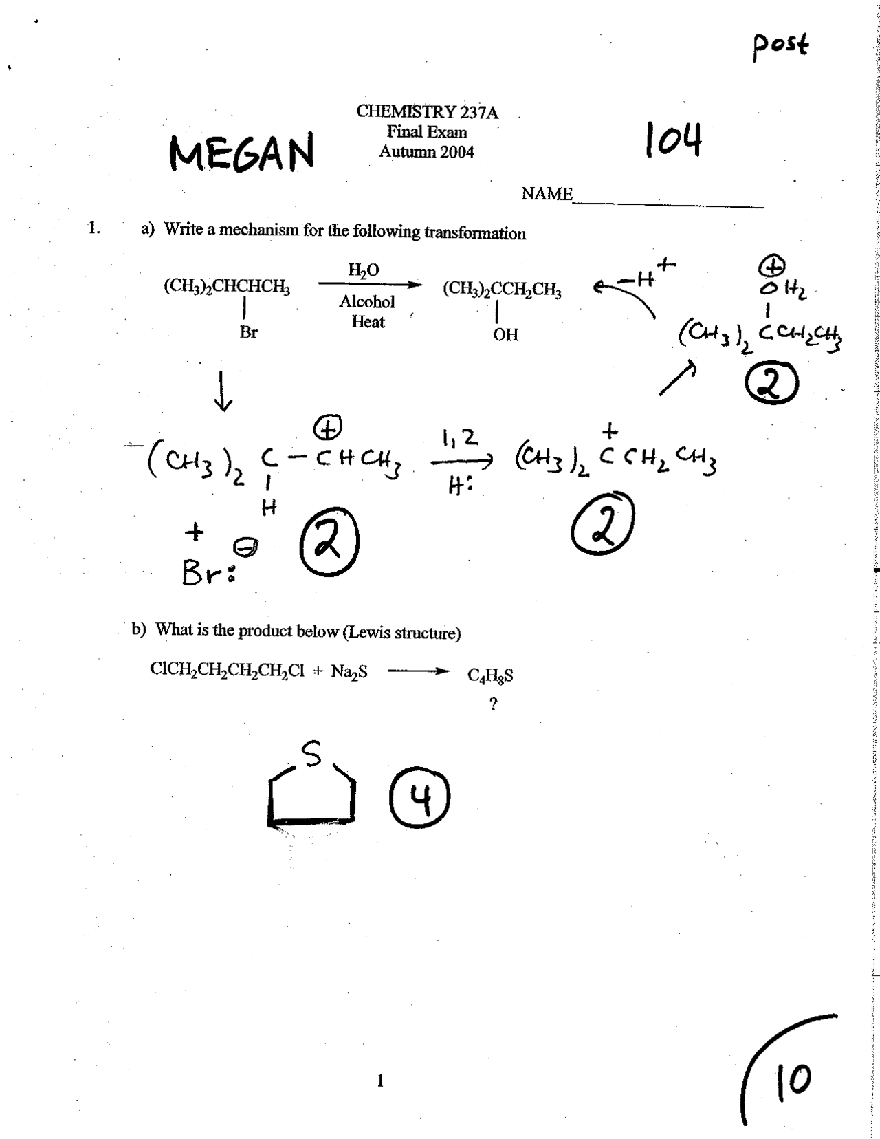 10 Questions Old Final Exam With Solutions Organic Chemistry Chem