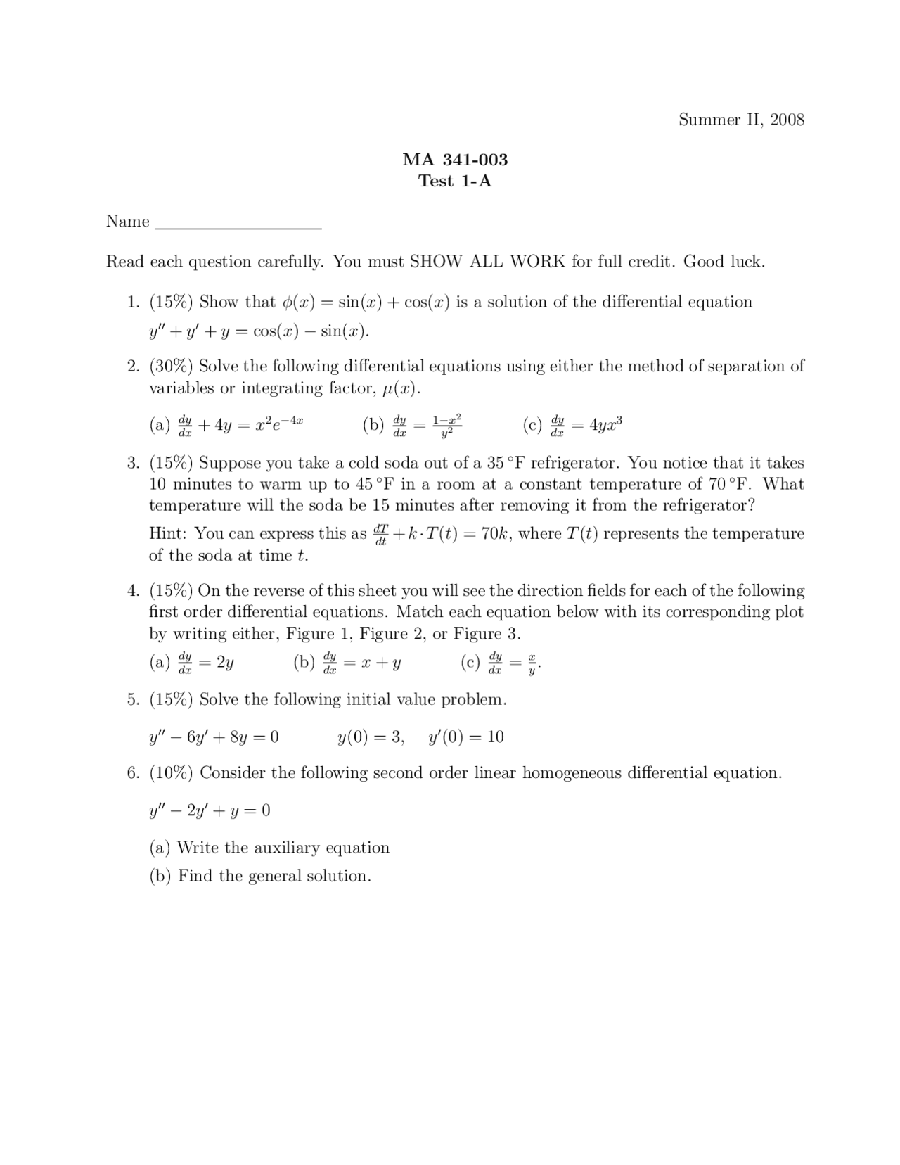Test 1 A Questions Applied Differential Equations I Ma 341 Docsity