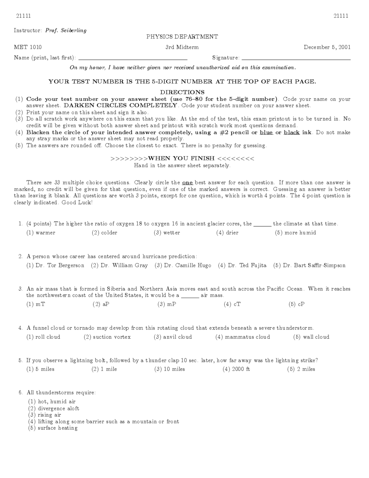33 Mcqs For Midterm Exam 3 Introduction To Weather Met 1010 Exams