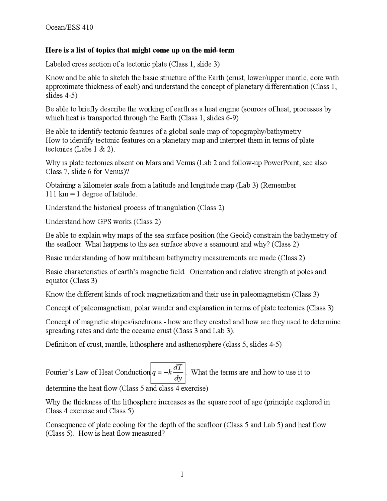 Review Sheet For Midterm Exam Marine Geological And Geophysical Ess