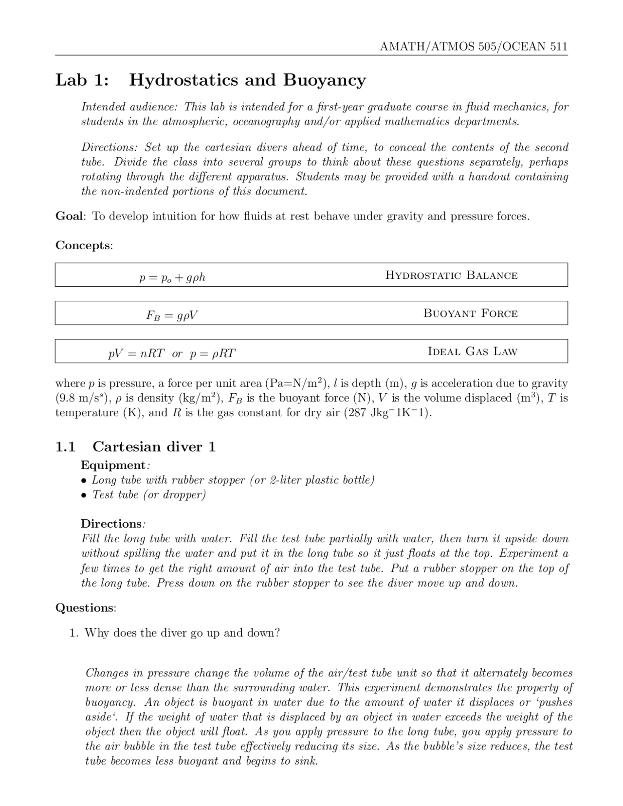 Hydrostatics And Buoyancy Laboratory 1 Ocean 511 Docsity