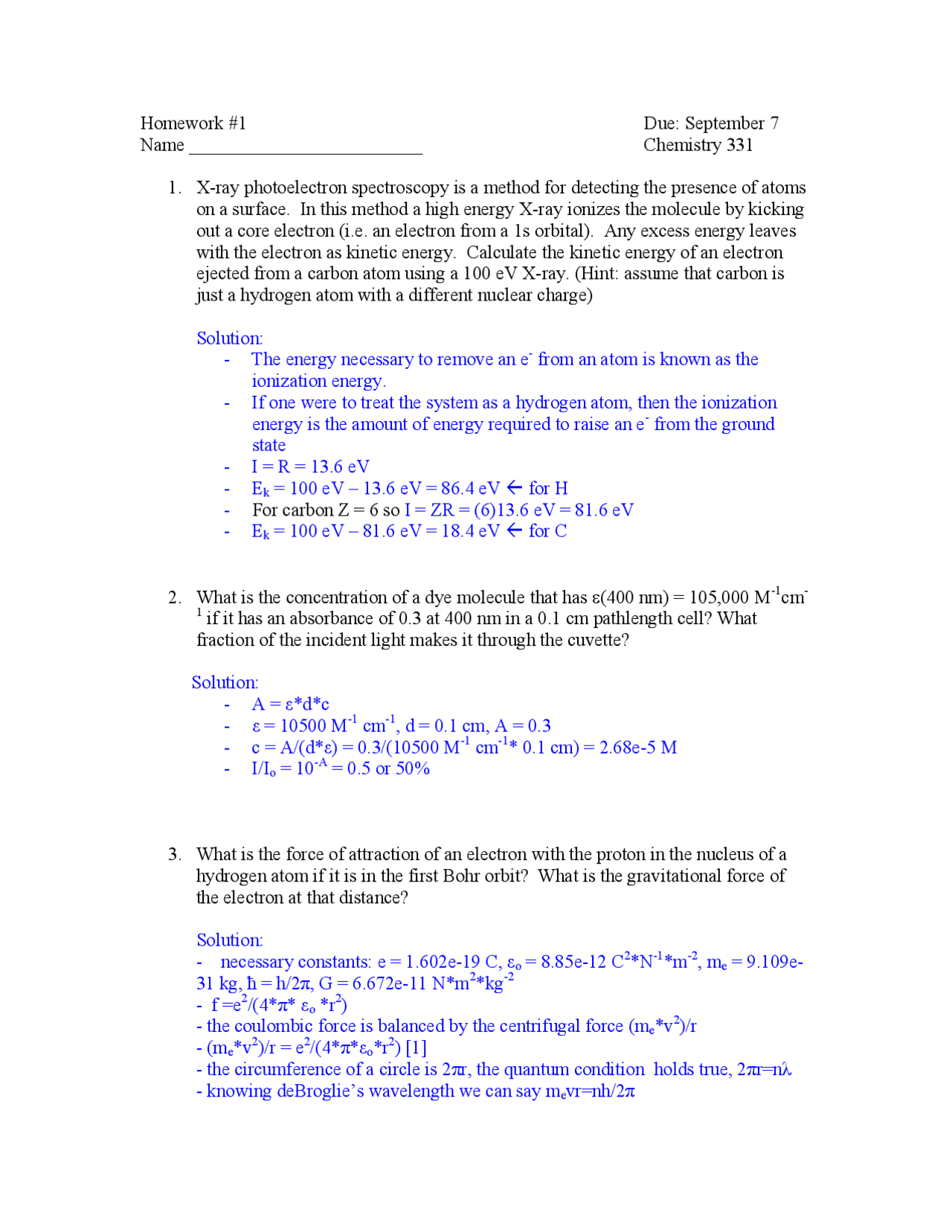 Introductory Physical Chemistry Homework 1 Ch 331 Assignments