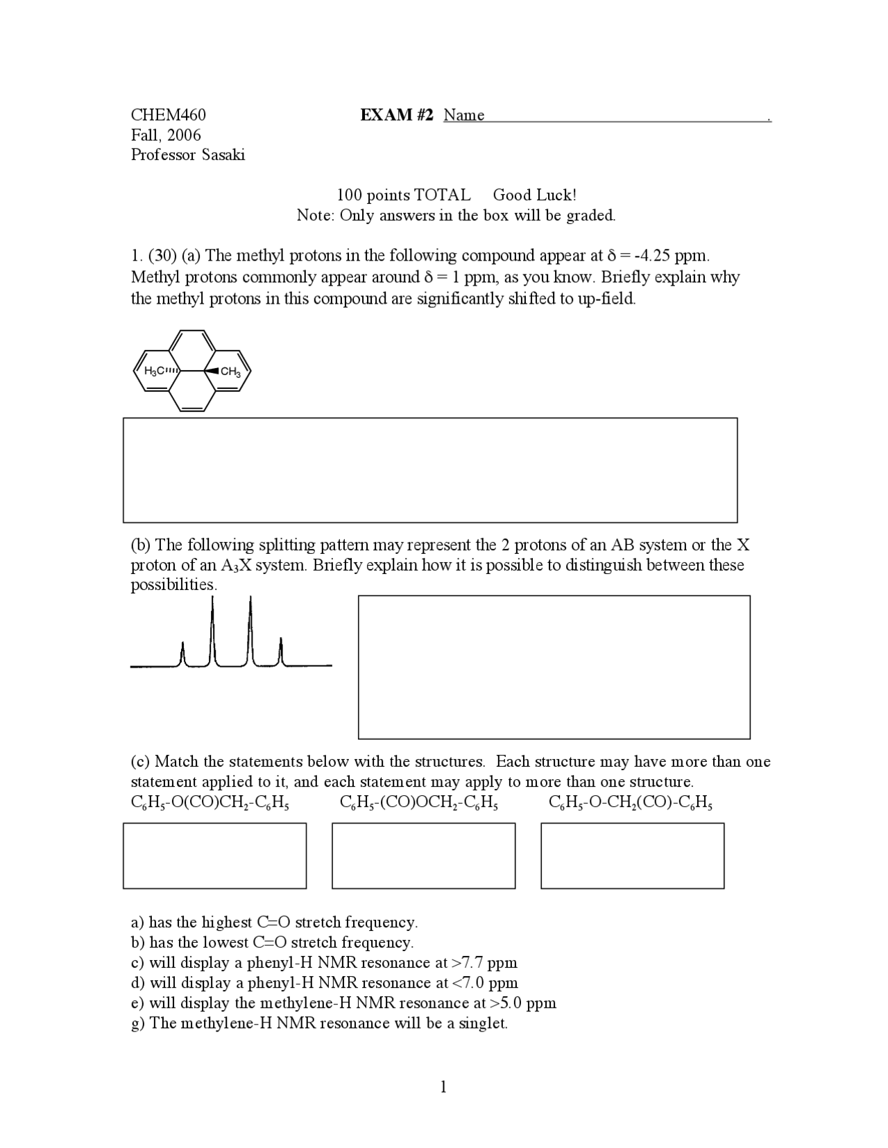 Exam 2 Practice Questions Spectroscopic Molecular Identification
