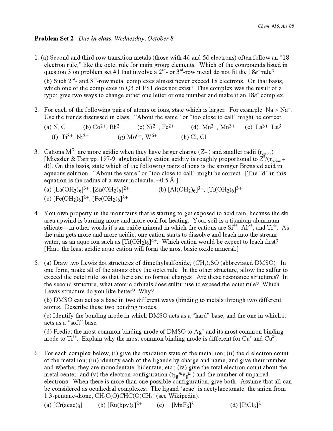 Problem Set 2 Questions Transition Metals Chem 416 Docsity