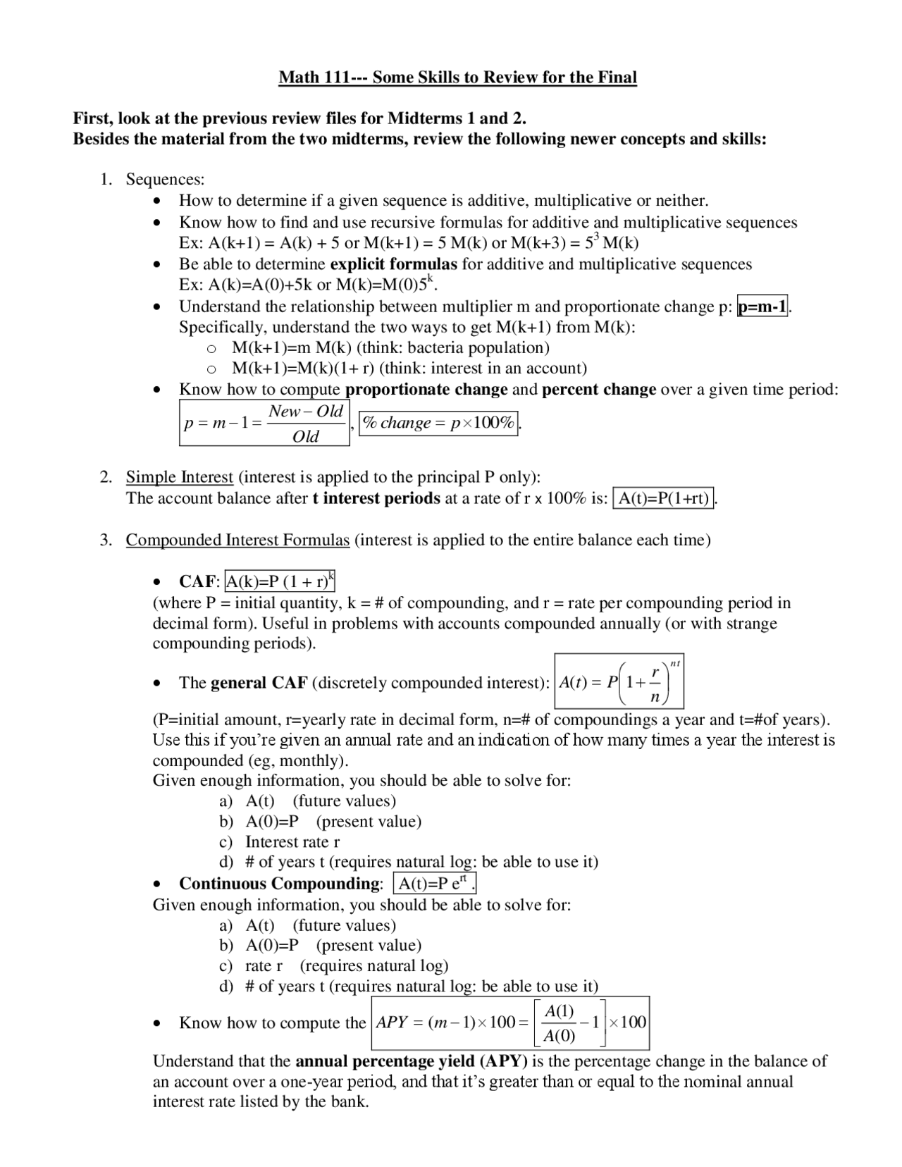 Algebra With Applications Review Sheet For Final Exam Math 111