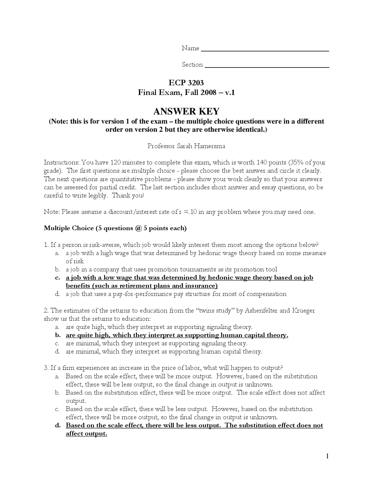 Final Exam with Answer Key - Labor Economics | ECP 3203 | Exams Market ...