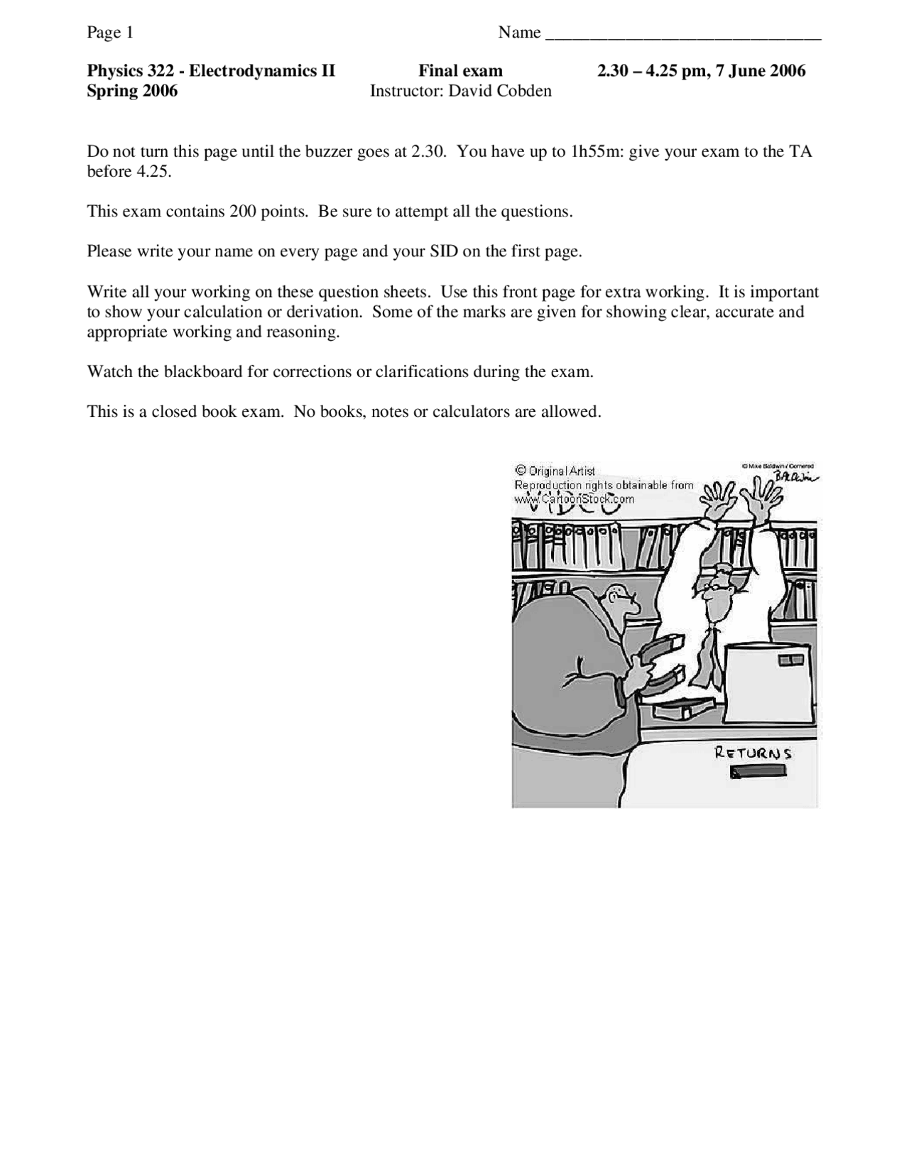 Final Exam Fall 2006 Electromagnetism Phys 322 Docsity