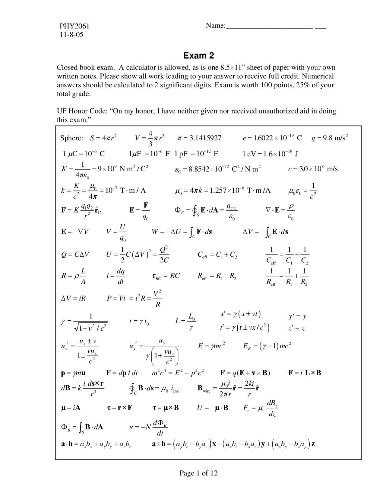 Exam 2 Enriched Physics Calculus 2 Phy 2061 Docsity