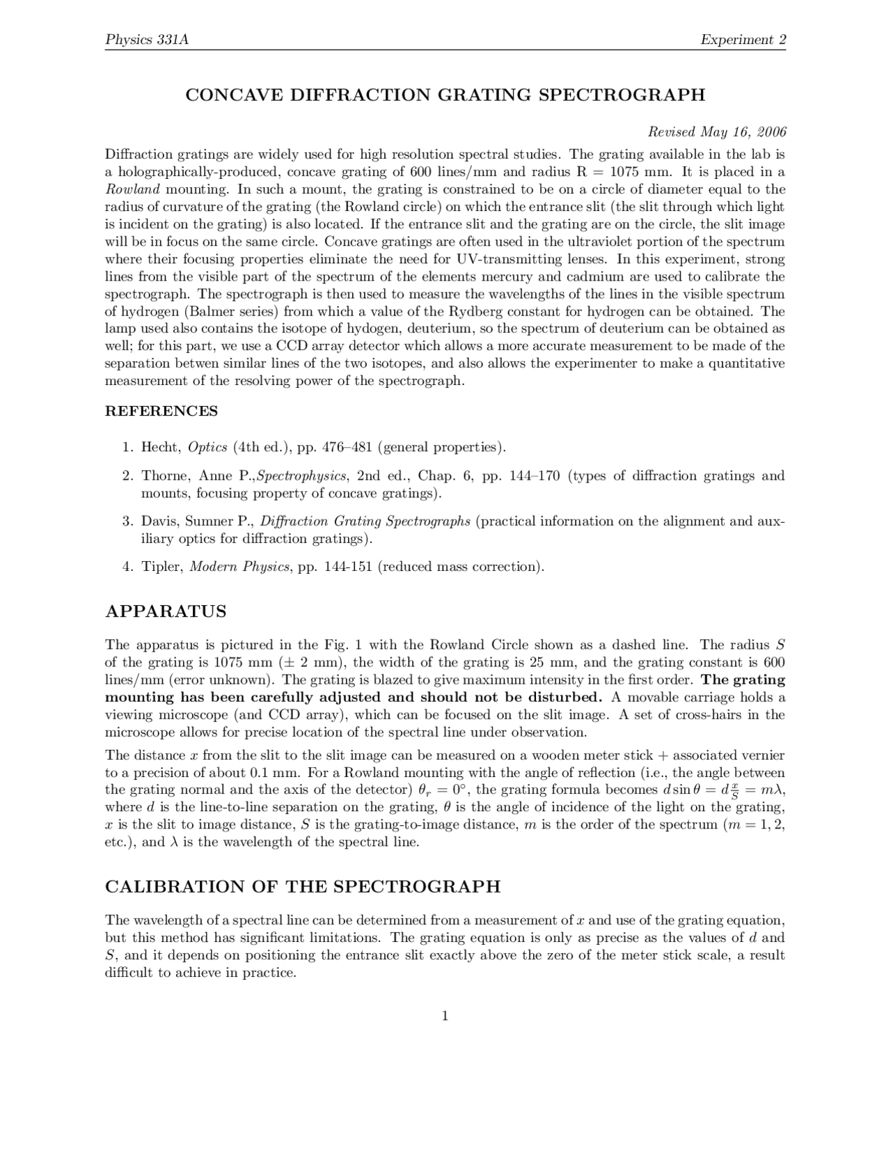 Concave Diffraction Grating Spectrograph Experiment 2 Phys 331