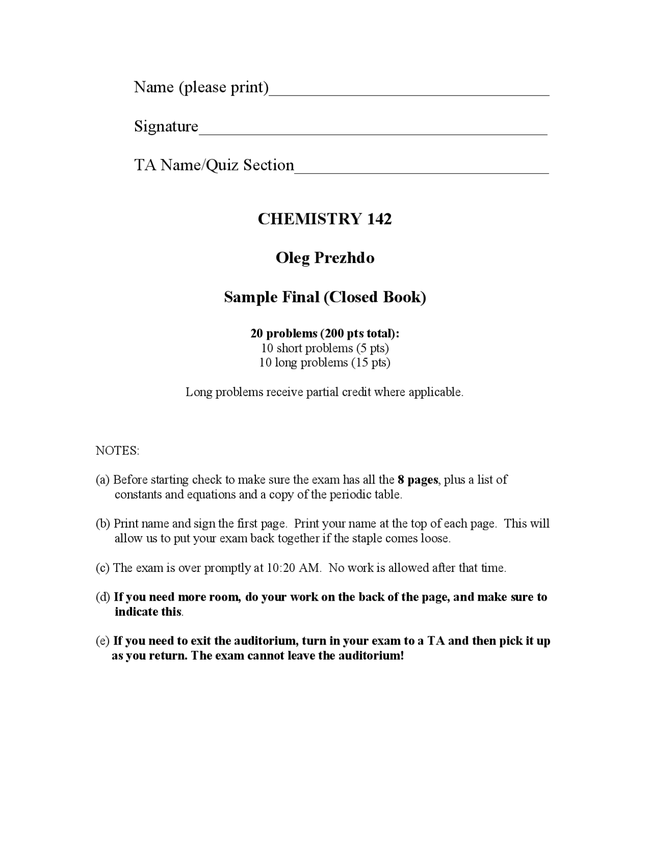 Sample Final Exam General Chemistry Chem 142 Docsity