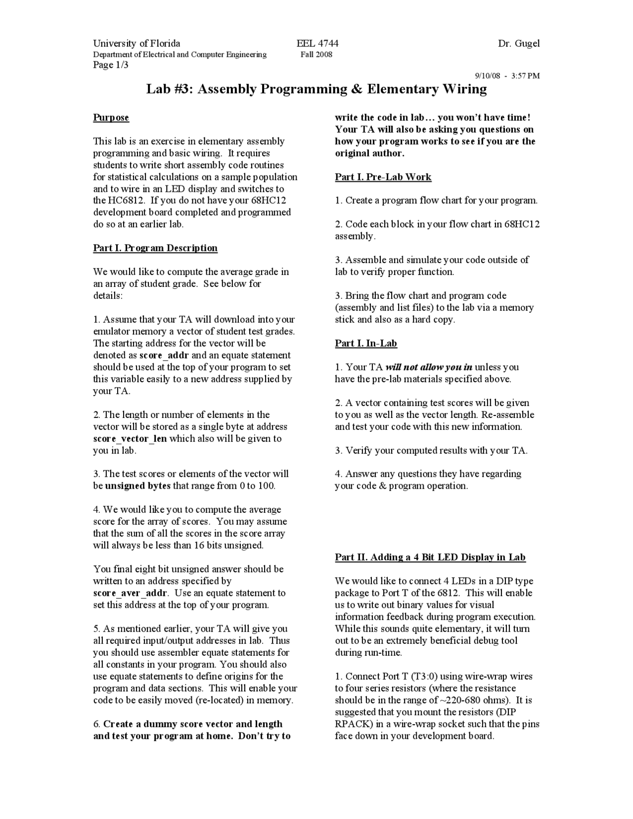 Assembly Programing and Elementary Wiring - Lab 3 | EEL 4744 - Docsity