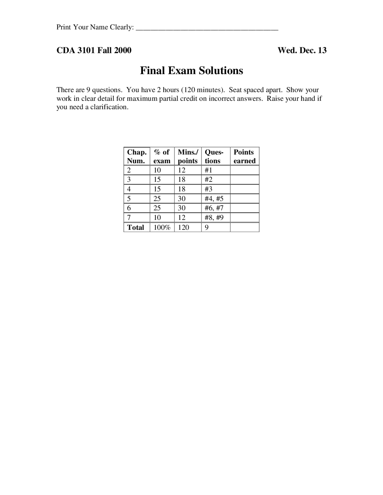 9 Questions On Computer Organization Final Examination Cda 3101