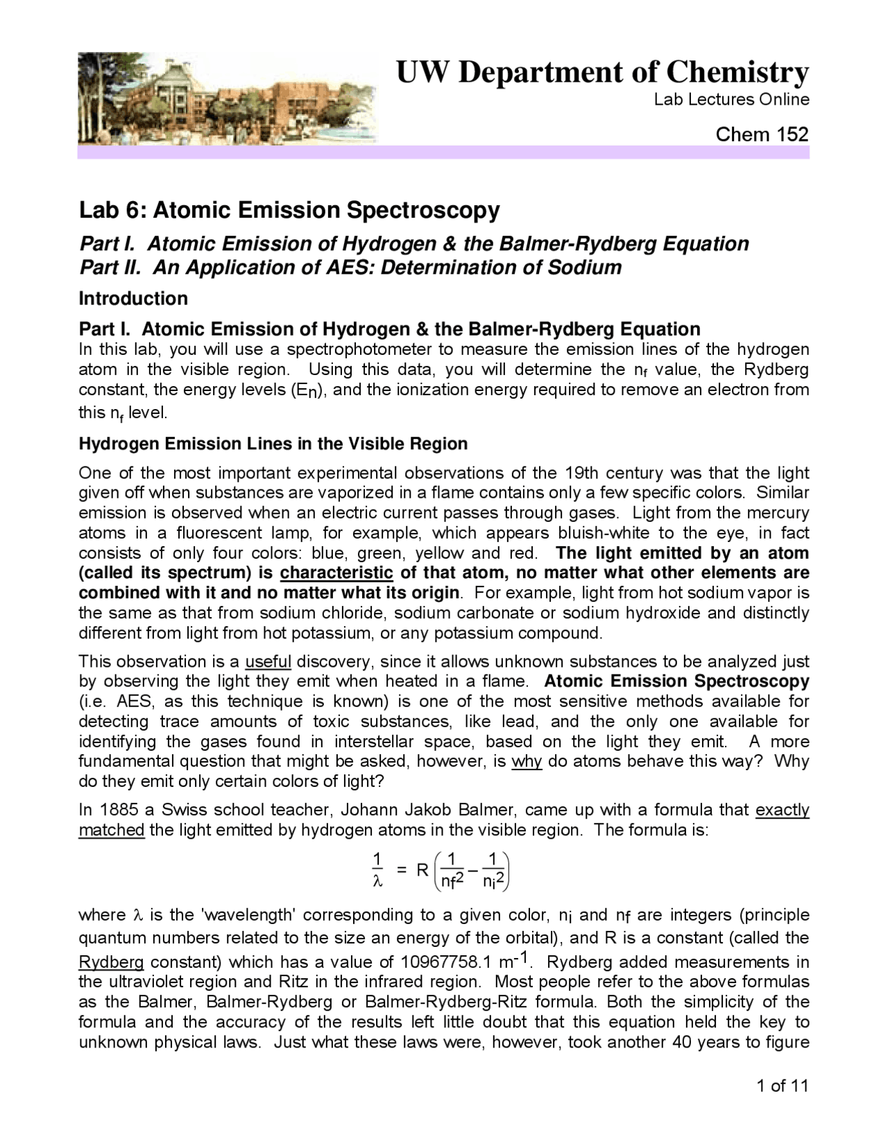 Atomic Emission Spectroscopy in Chemistry - Lab 6 | CHEM 152 - Docsity