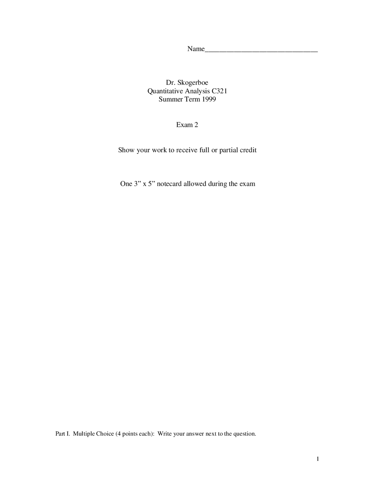 Old Exam 2 Questions With Answers Quantitative Analysis Chem 321