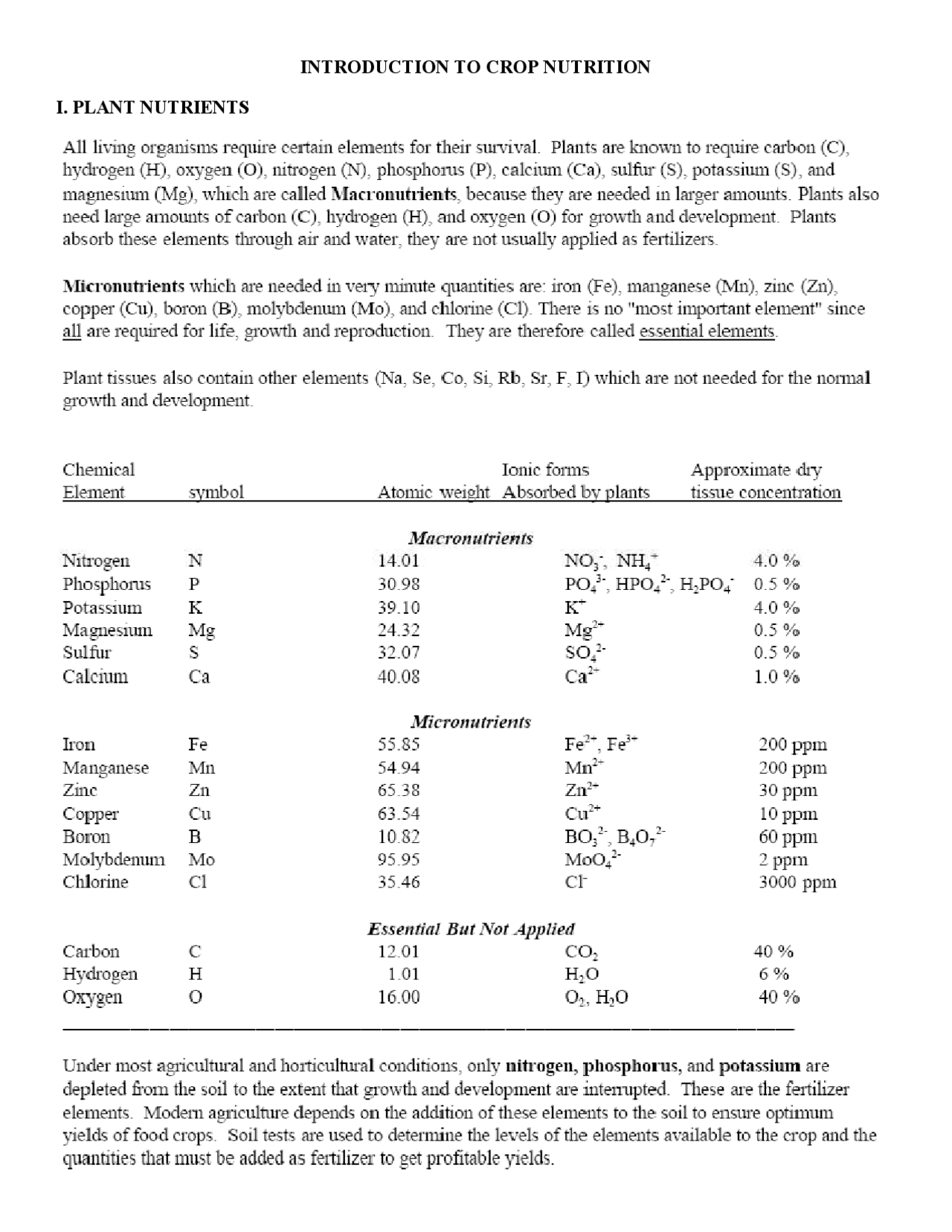 Introduction To Crop Nutrition Lecture Notes Agr 6422 Docsity