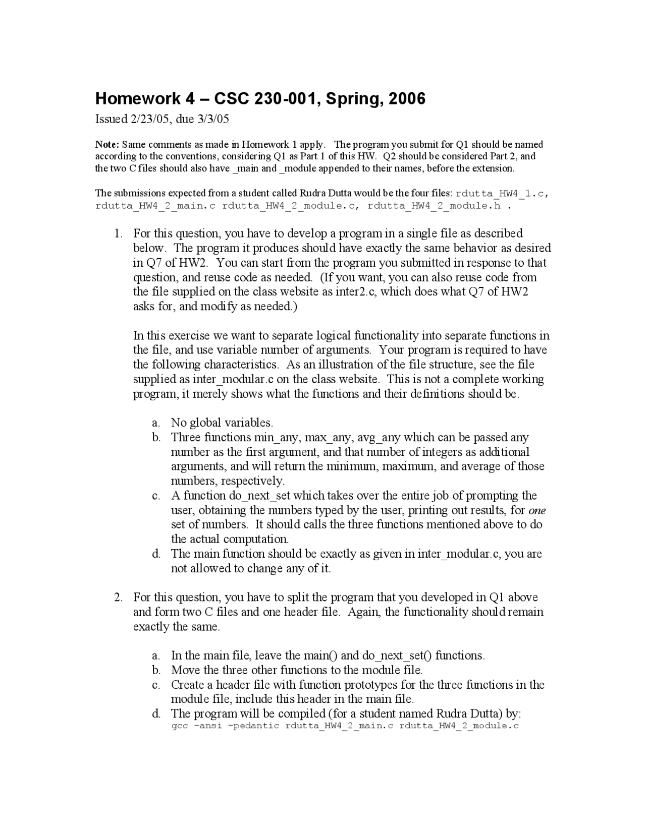 C And Software Tools Homework 4 Csc 230 Docsity