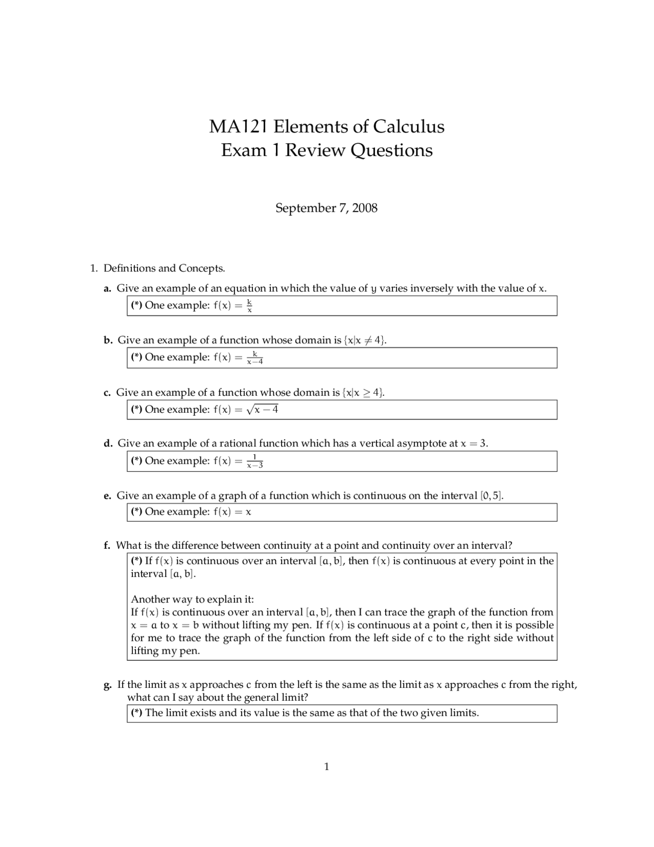 Exam 1 Review Questions Elements Of Calculus Ma 121 Docsity