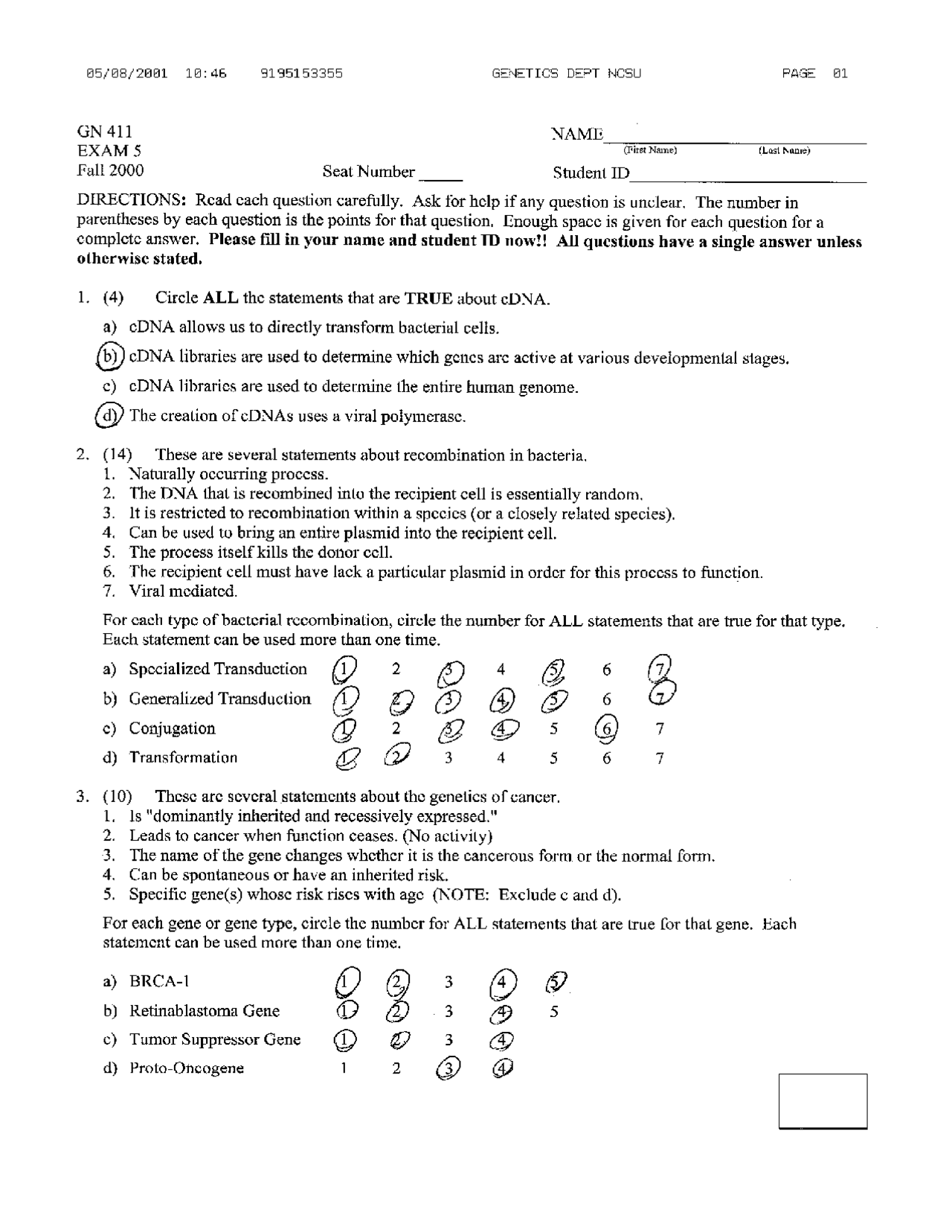 Exam # 5 - Genetics of Cancer - Principles of Genetics | GN 411 | Exams ...