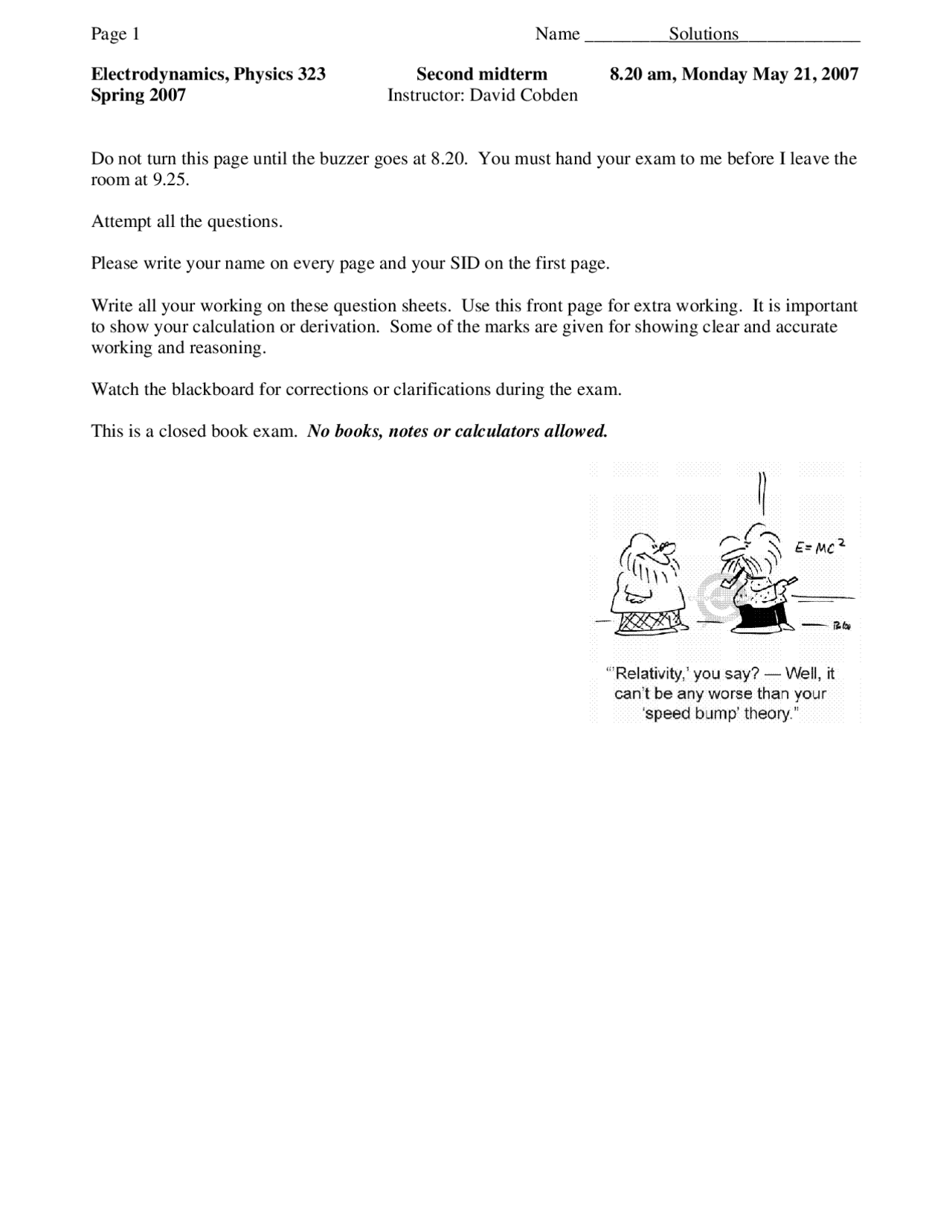 Electromagnetism Exam 2 Solved Questions Fall 2007 Phys 323 Docsity