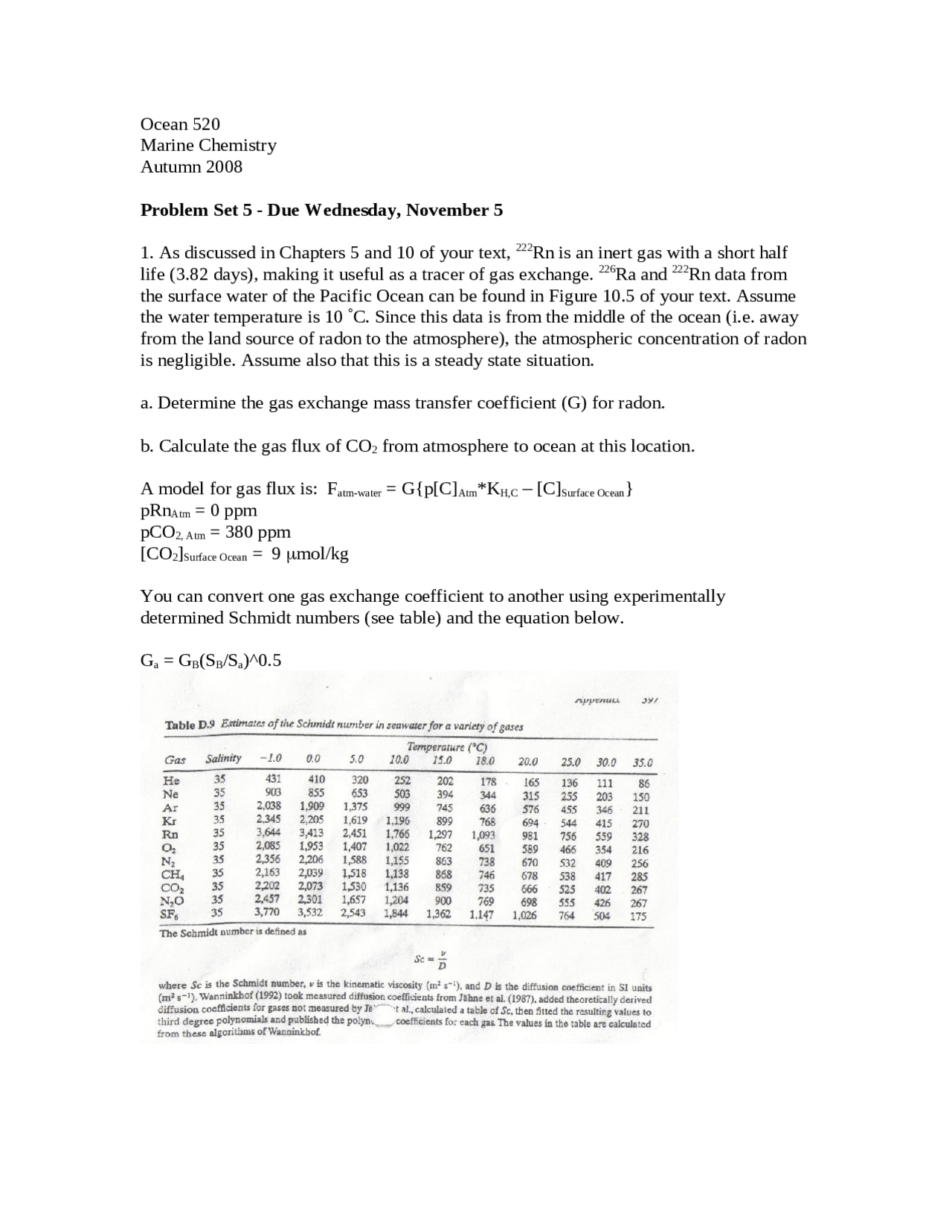 3 Problems For Assignment 5 Marine Chemistry Ocean 520 Docsity