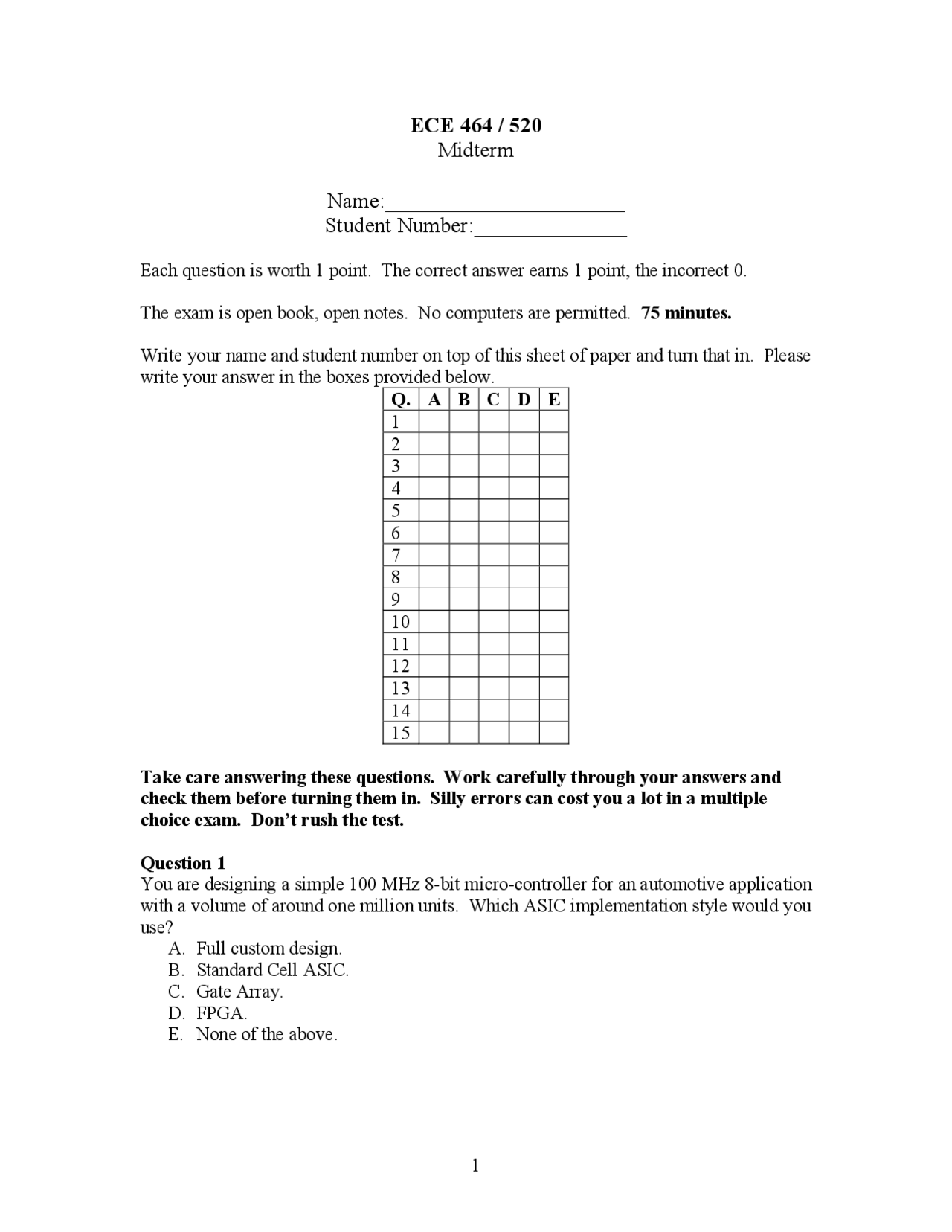 Midterm Questions For Solutions Asic Design Ece 464 Docsity