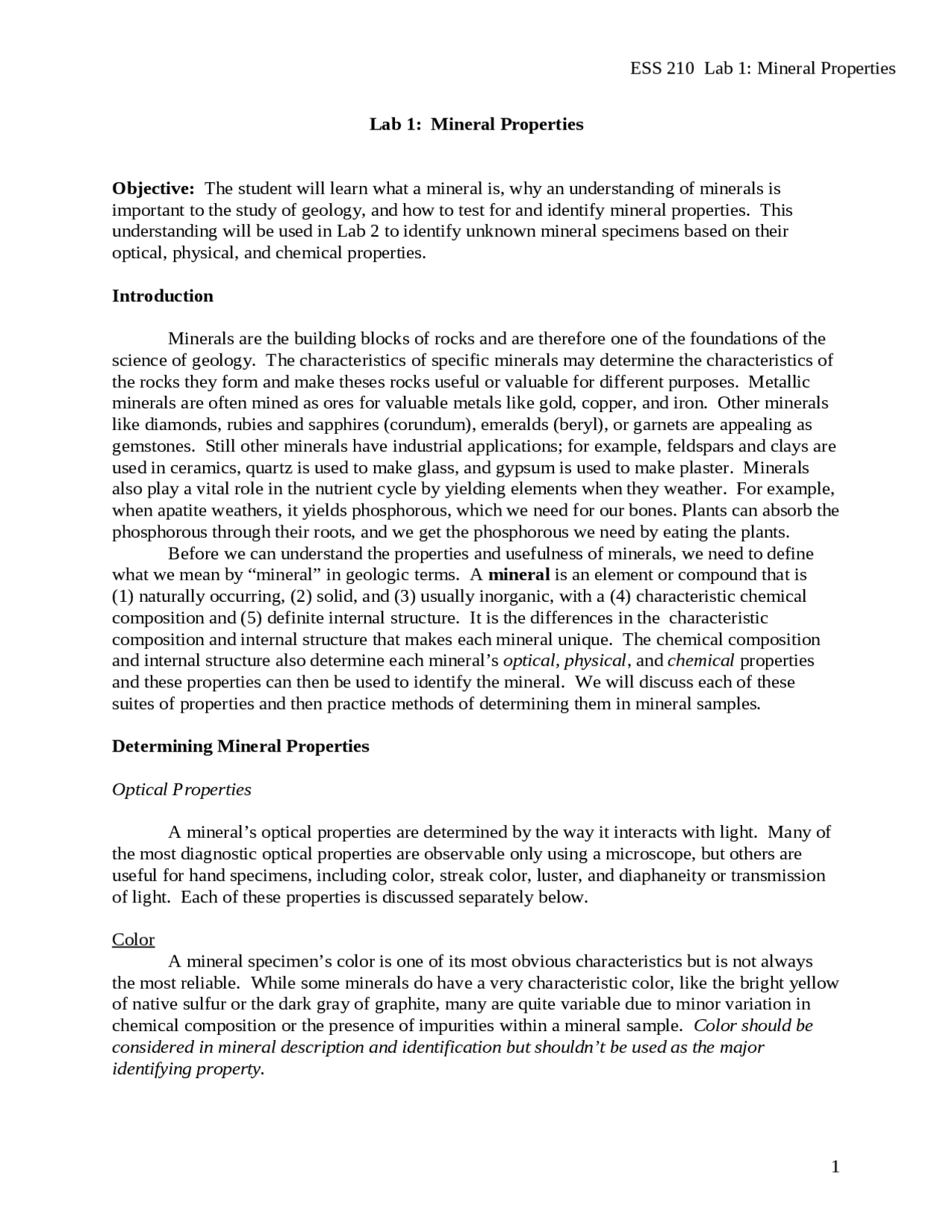 Mineral Properties - Physical Geology - Lab 1 | ESS 210 | Lab Reports ...