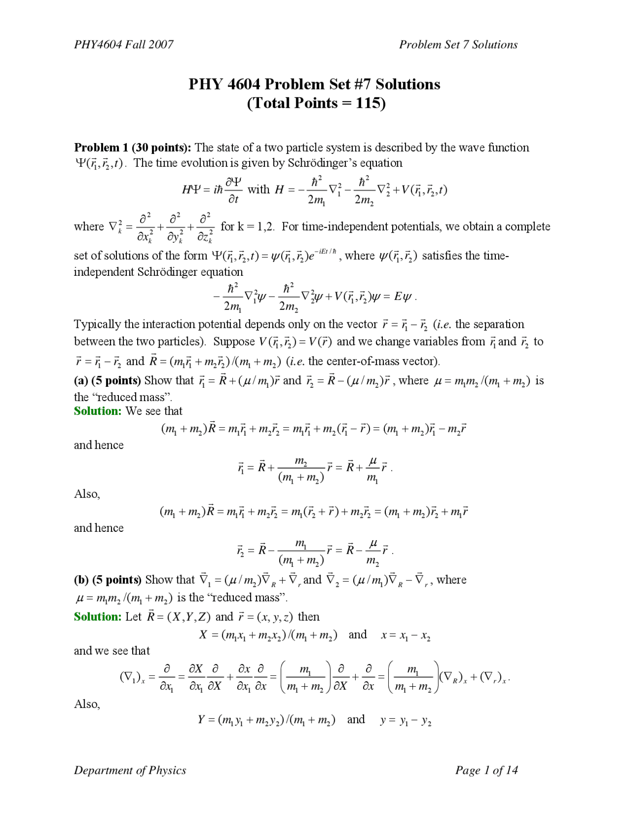 Problem Set 7 with Solutions for Introduction to Quantum Mechanics I | PHY 4604 - Docsity