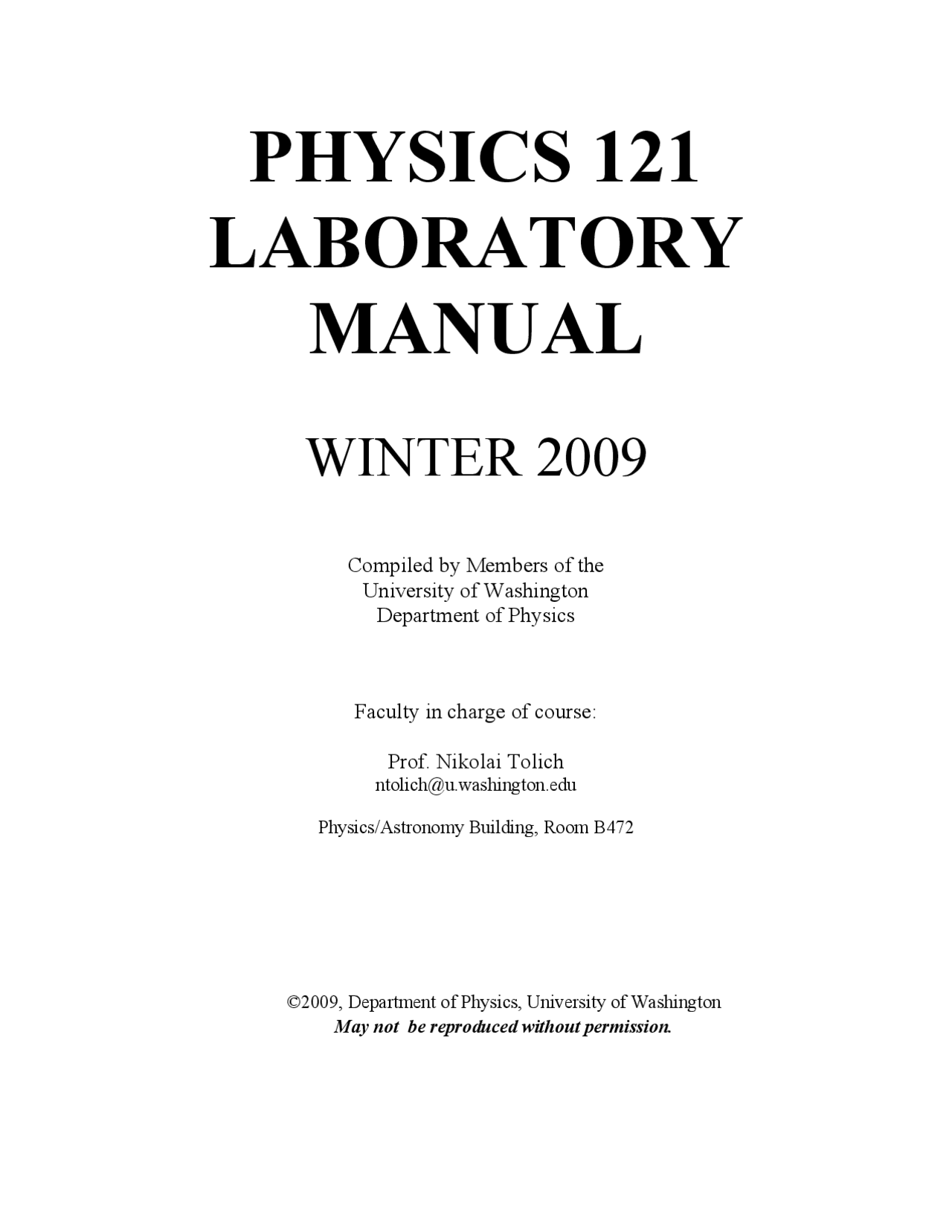 Laboratory Manual - Mechanics, Fall 2009 | PHYS 121 - Docsity