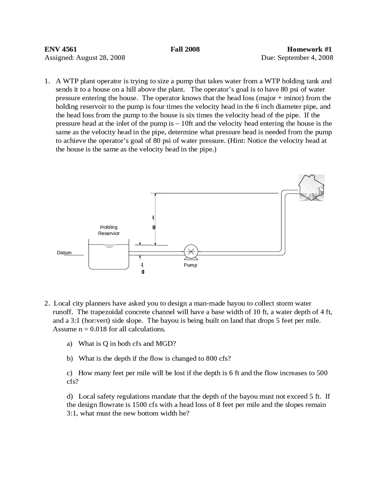 Hydraulic System Design Assignment 1 Env 4561 Docsity
