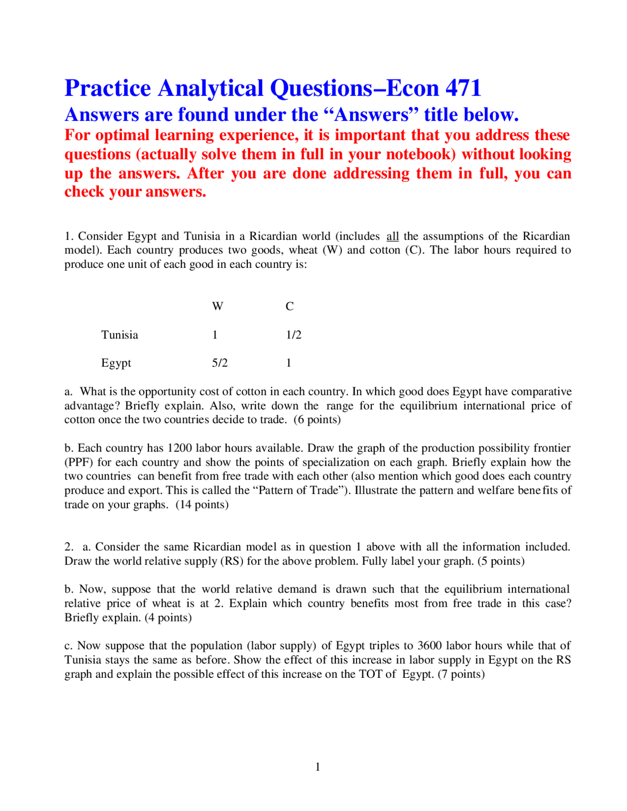 Practice Analytical Questions International Trade Econ 471 Docsity