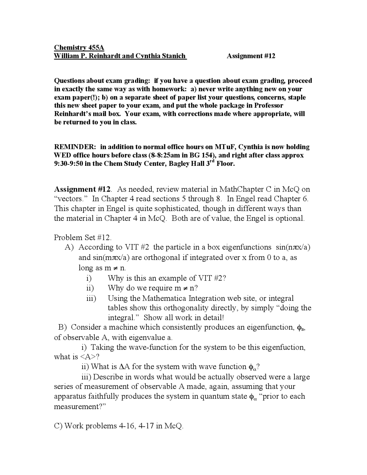 Assignment 12 Problems On Physical Chemistry Chem 455 Docsity